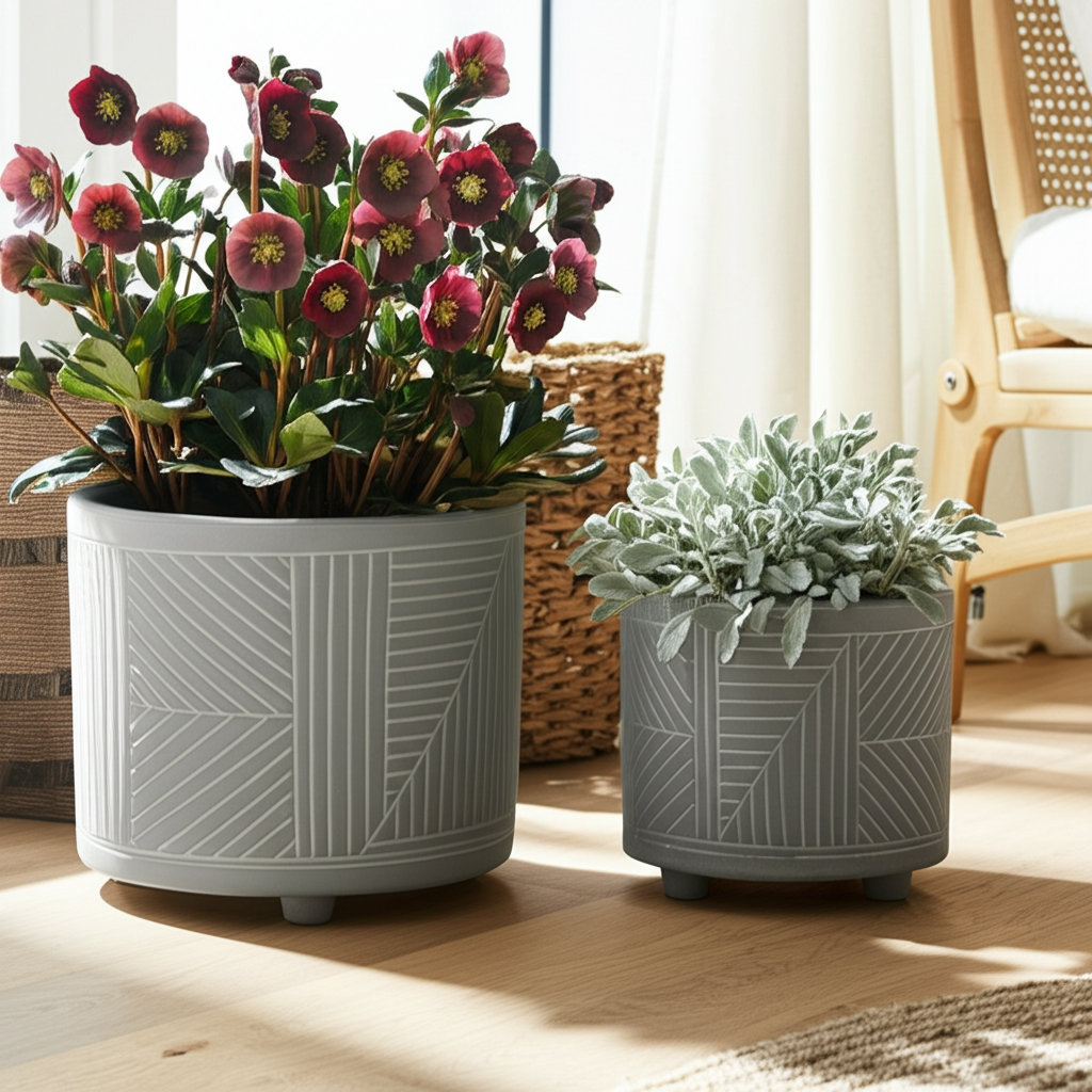 Foundry Select Pinar Stoneware Ceramic Planters with Engraved Geometric ...