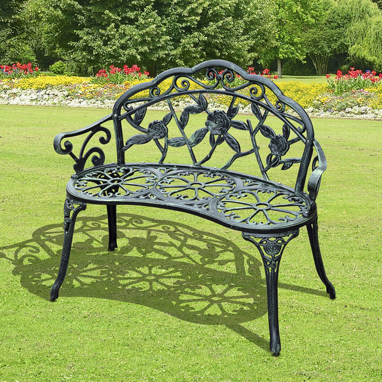 Astoria Grand Cast Aluminum Bench With Floral Rose Accent For Garden ...