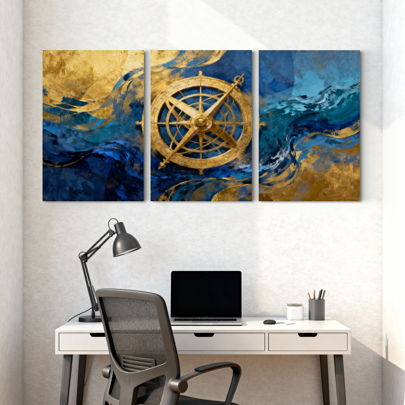 Breakwater Bay Nautical & Beach Compass Ocean Waves Abstract Art Set of ...