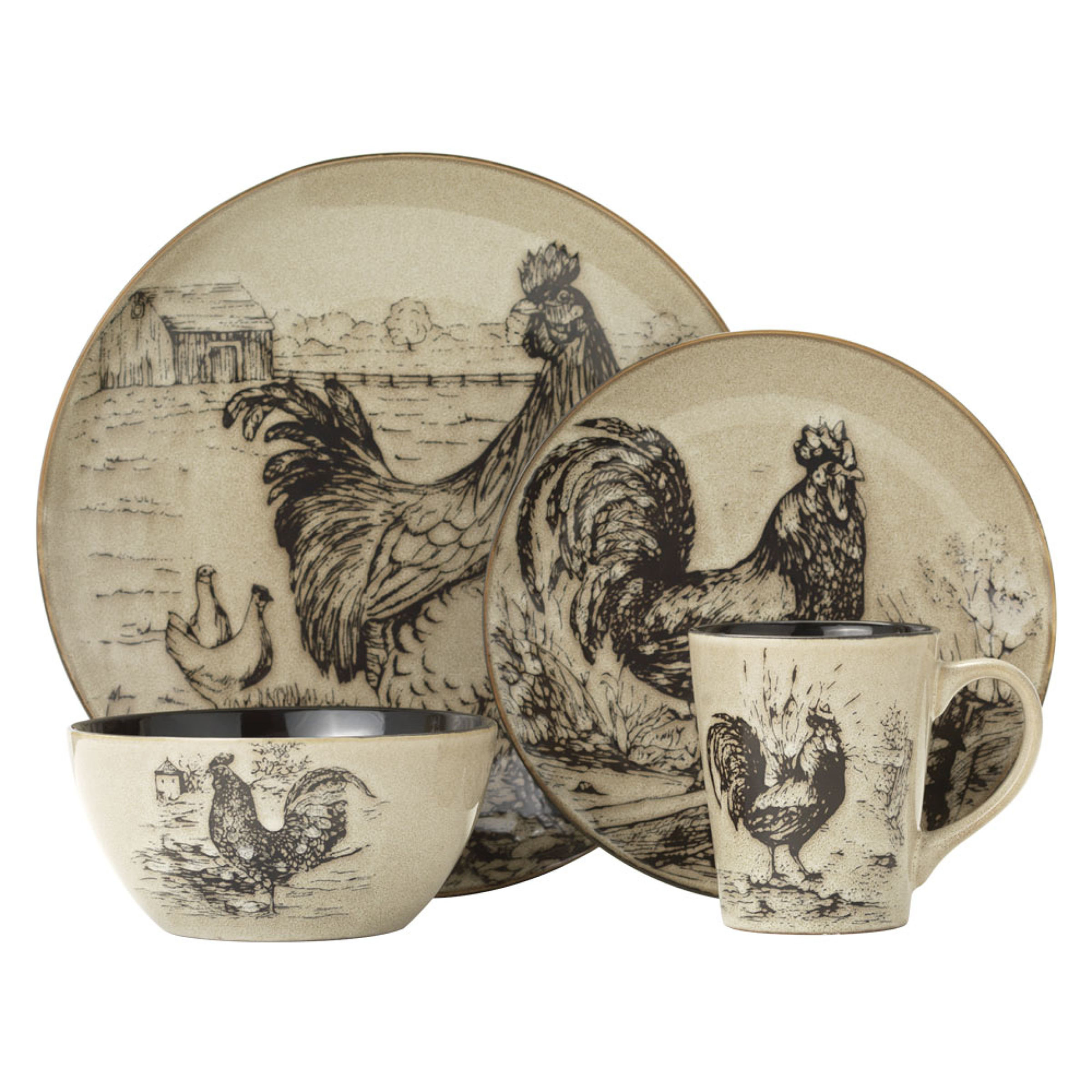 Pfaltzgraff Everyday Homespun Rooster 16-Piece Stoneware Dinnerware Set ...