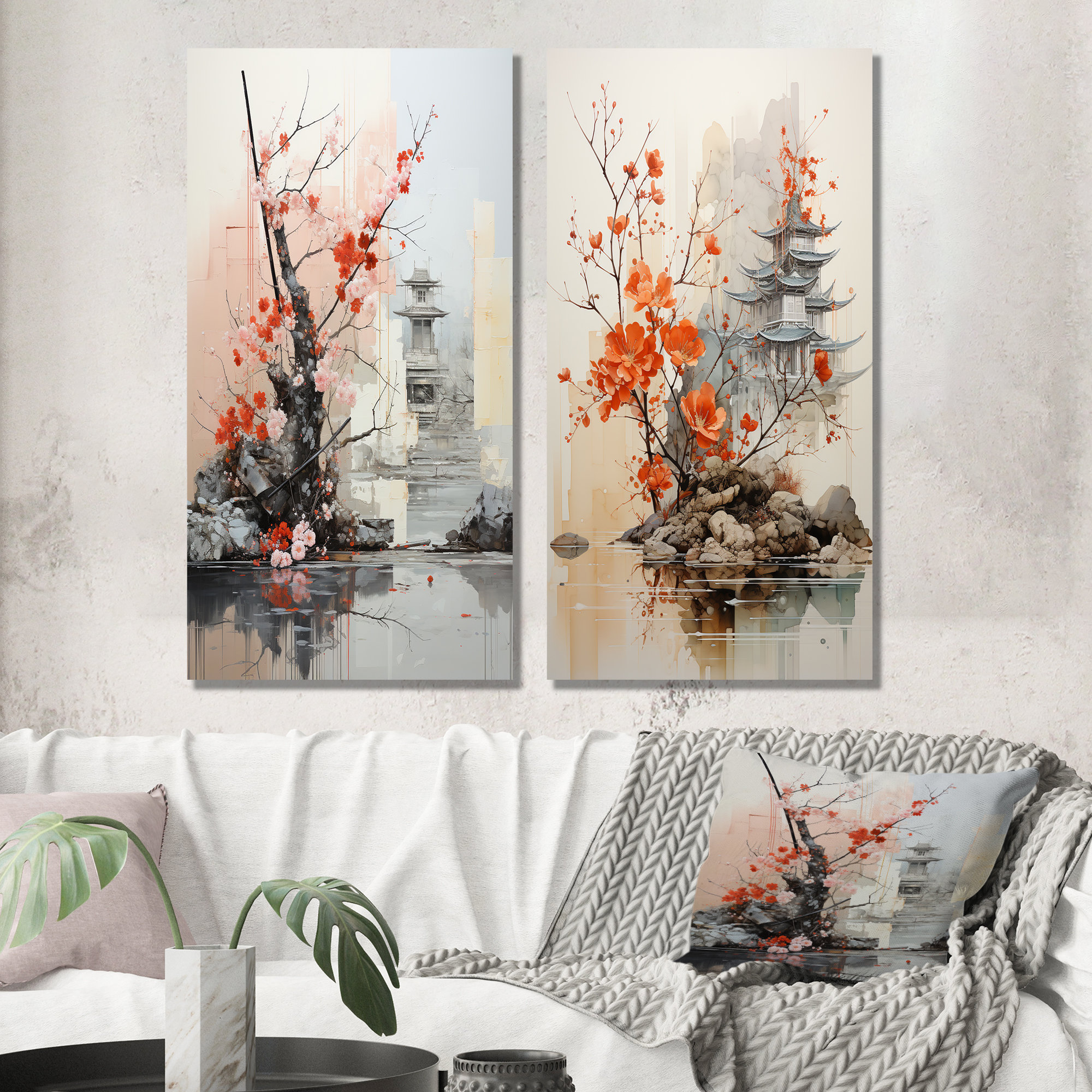 Design Art Red Tree Asian Art Landscape - Asian Art Metal Art Print Set ...