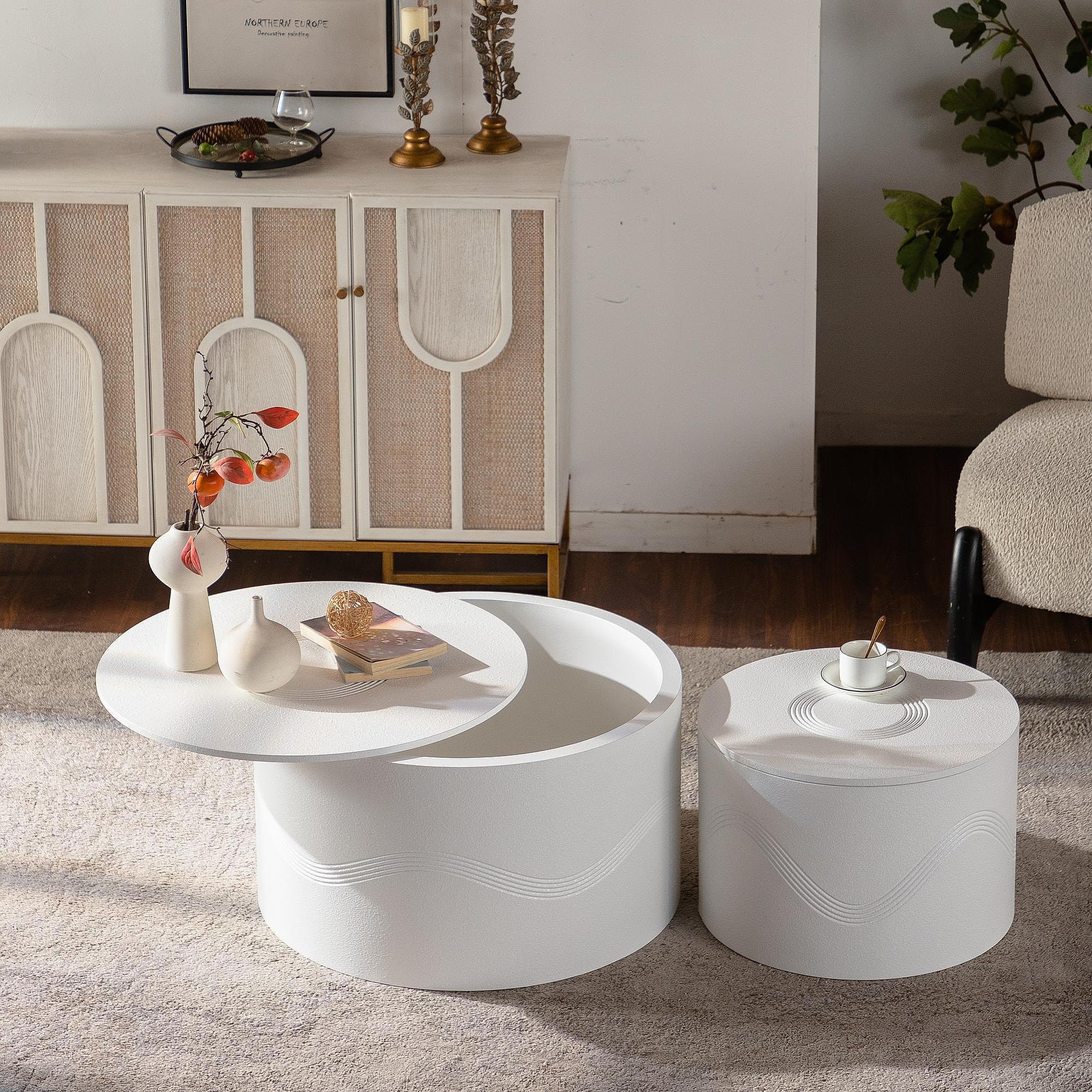 Wrought Studio™ Set Of 2 White Round Coffee Table With Hidden Storage ...