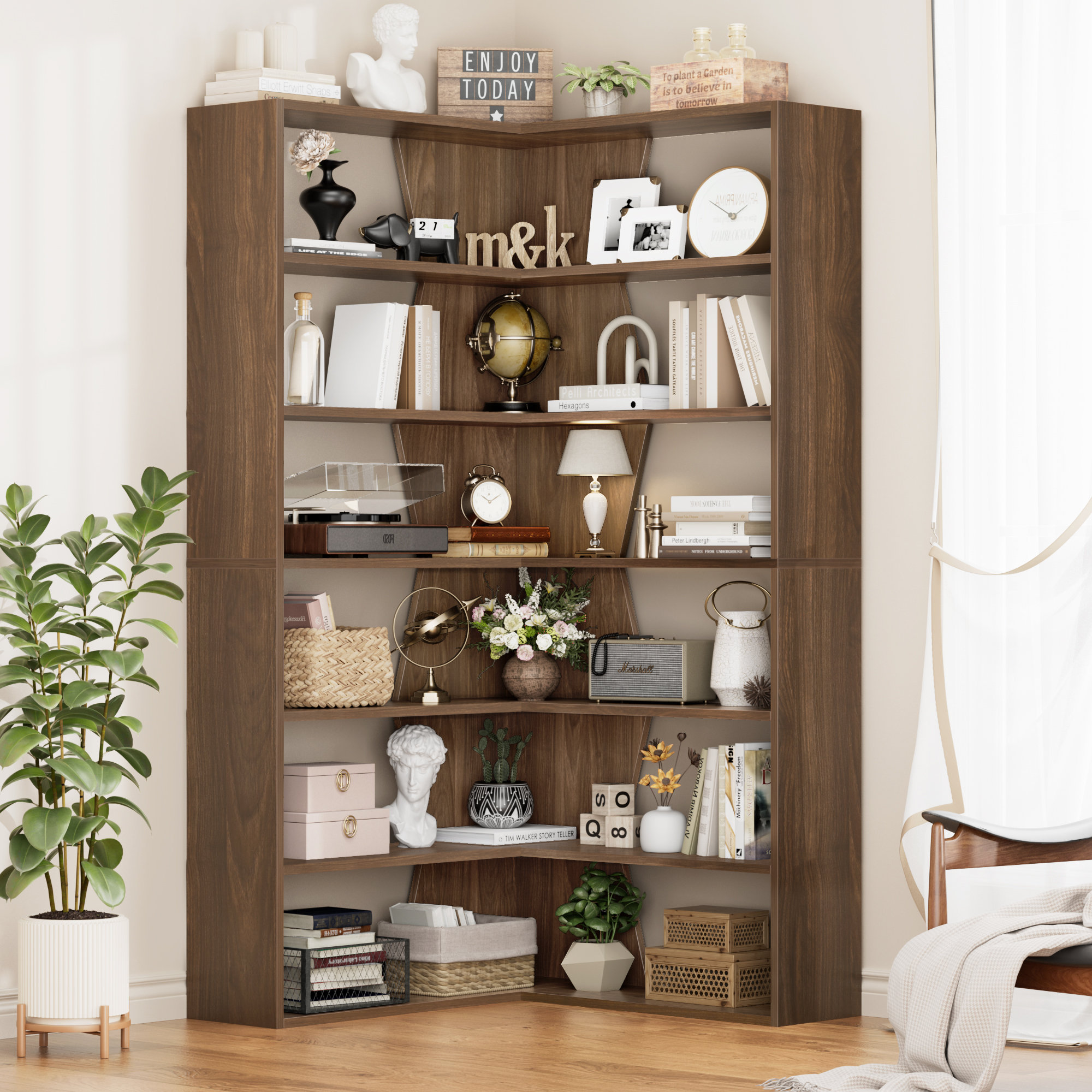 Millwood Pines 75" H Corner Bookcase 6 Tier L-Shaped Bookshelf ...