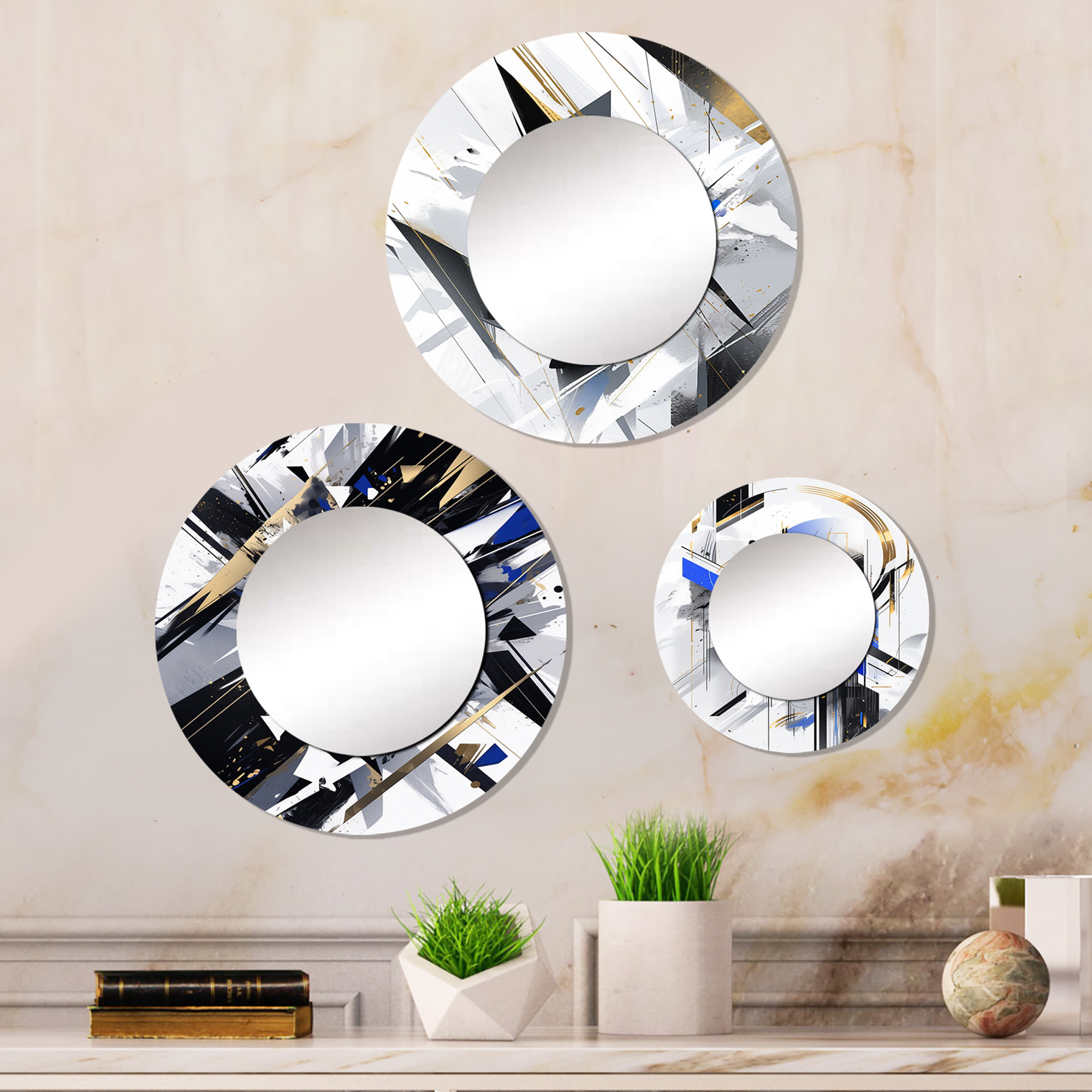 House of Hampton Black White Cubist Symphony - Round Mirror On Glossy ...