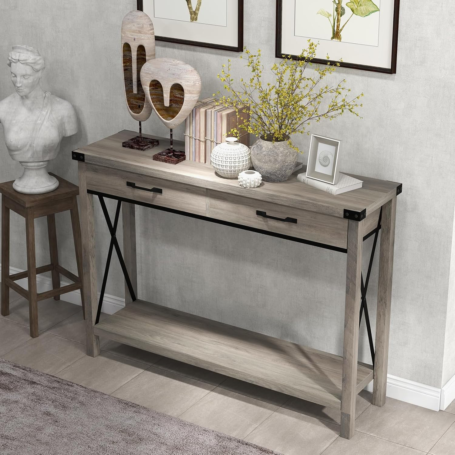 Gracie Oaks Industrial Console Table with Drawers - 43" Entryway Table ...