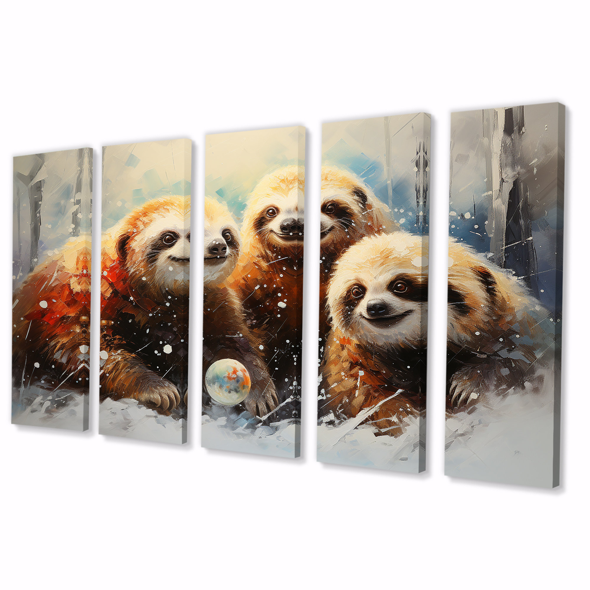Bungalow Rose Brown Sloths Winter - Sloth 5 Piece Wall Art Canvas | Wayfair