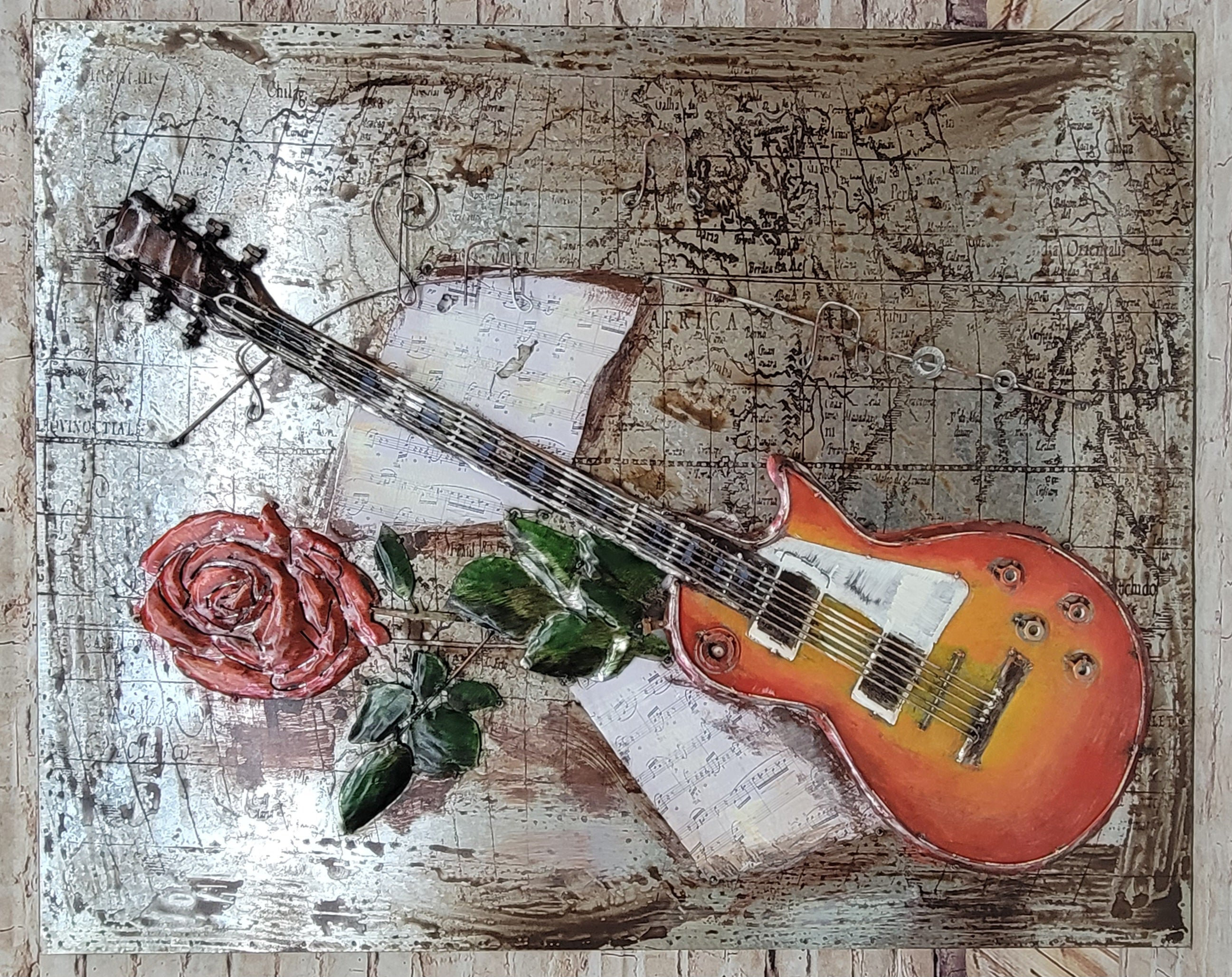 Bronzhaus Guitar and Rose 3D Wall Art Painting on Metallic Canvas | Wayfair