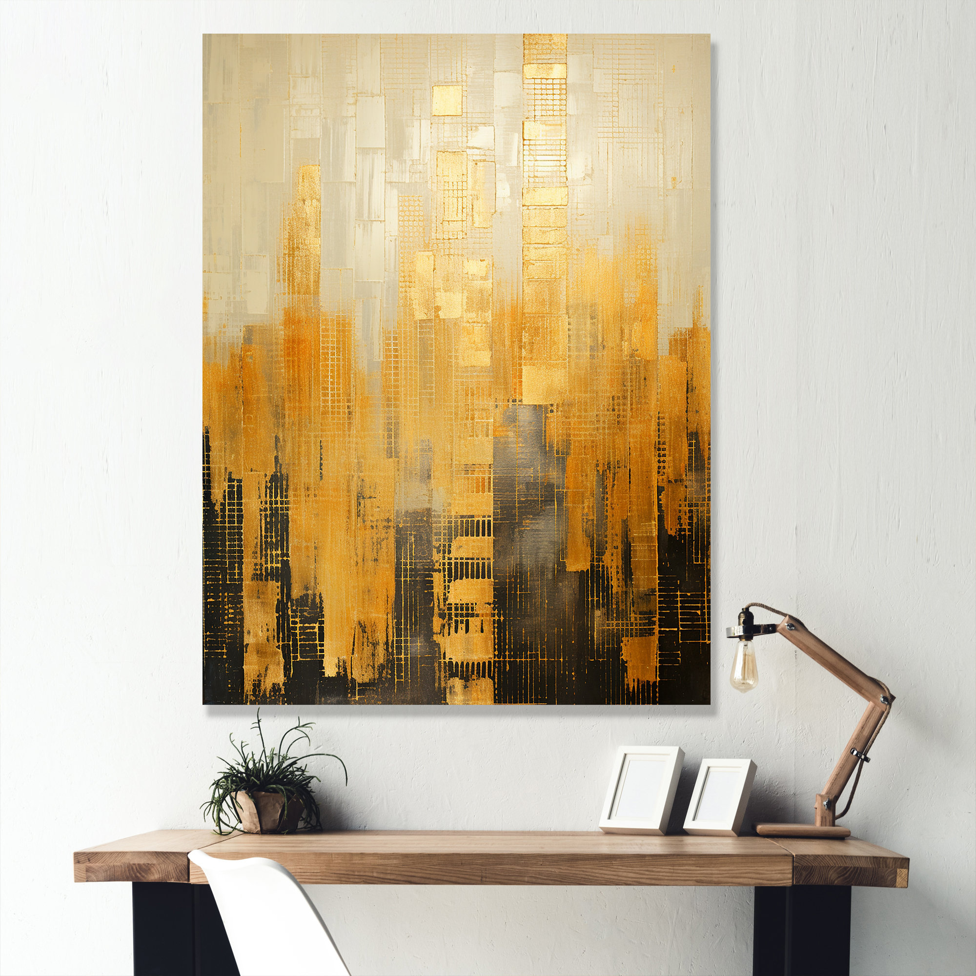 Design Art Golden Grid Skyscraper Skyline On Canvas Print | Wayfair