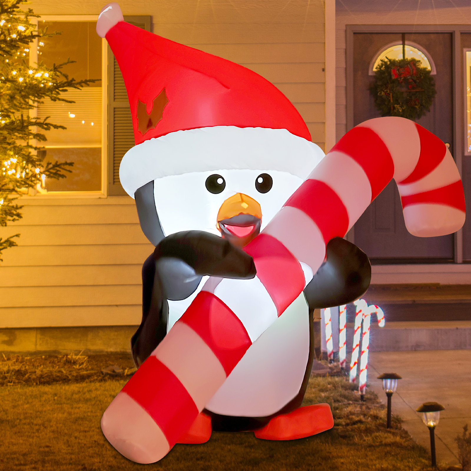 GOOSH Christmas Inflatable 5FT Inflatable Penguin with Candy Cane Cute ...