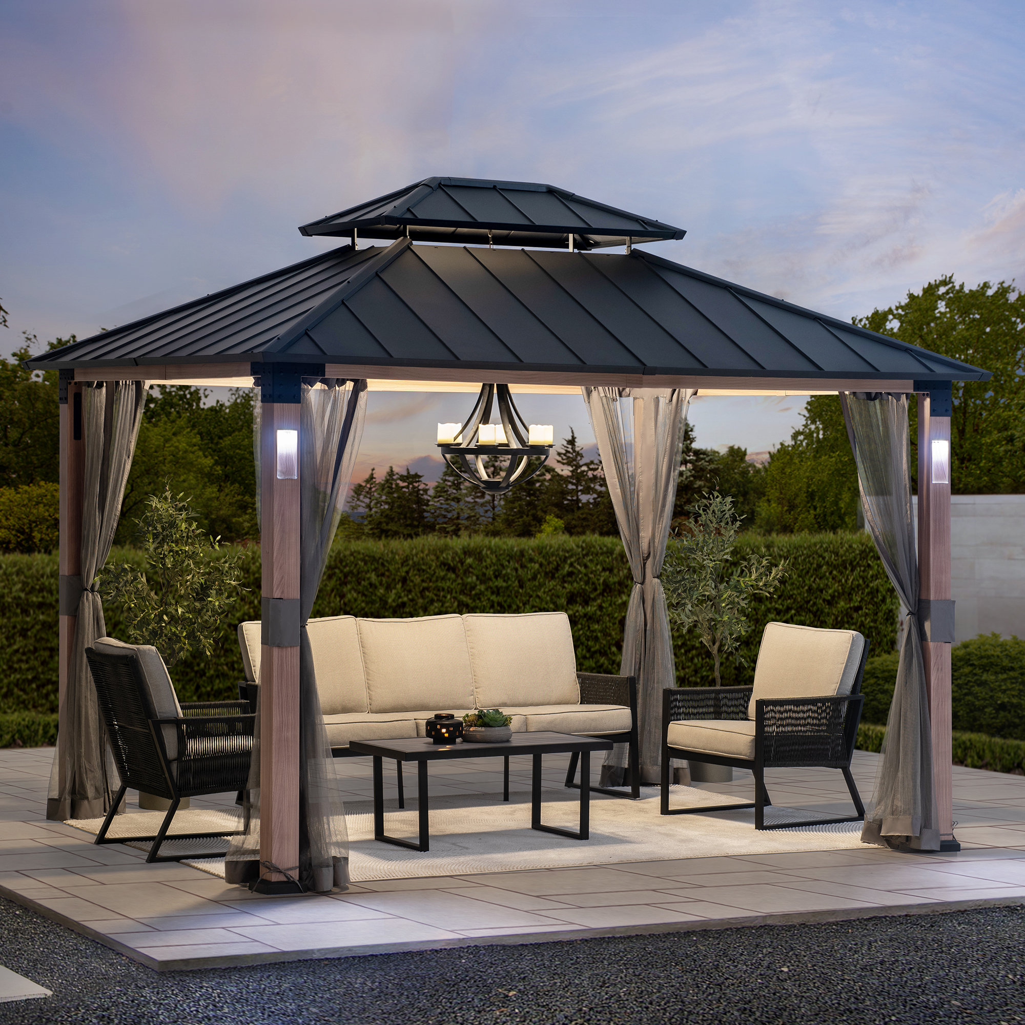 Sunjoy Hardtop Gazebo 10 x 12 ft. Outdoor Patio Gazebo with LED Lights ...