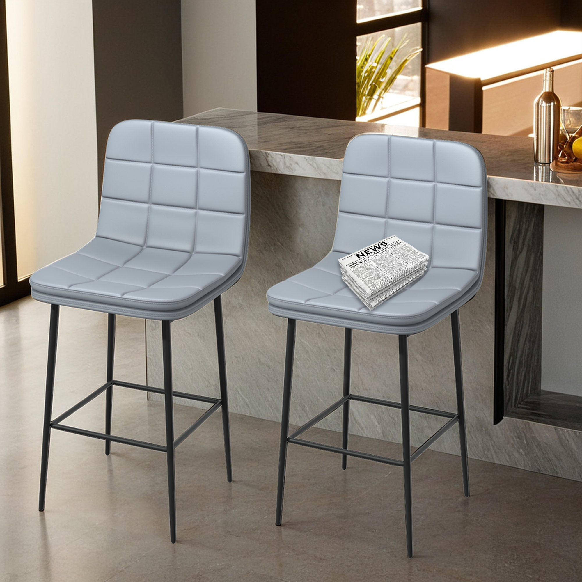 George Oliver Modern PU Double Cushion Bar Stools With Metal Frames(Set ...