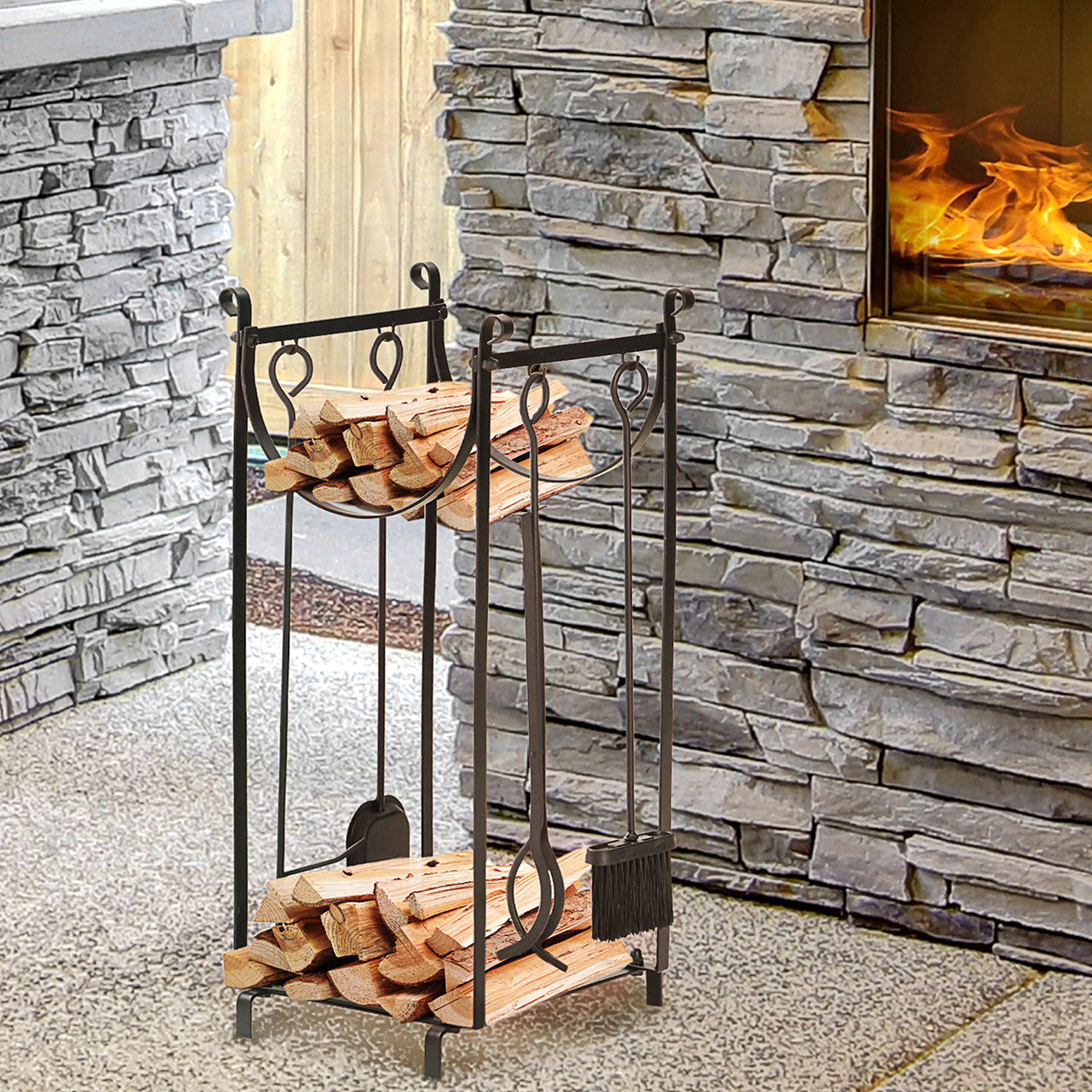 Ebern Designs Firewood Rack With Fireplace Tools, Indoor Outdoor Firewood Holder, Flat Bottom ...