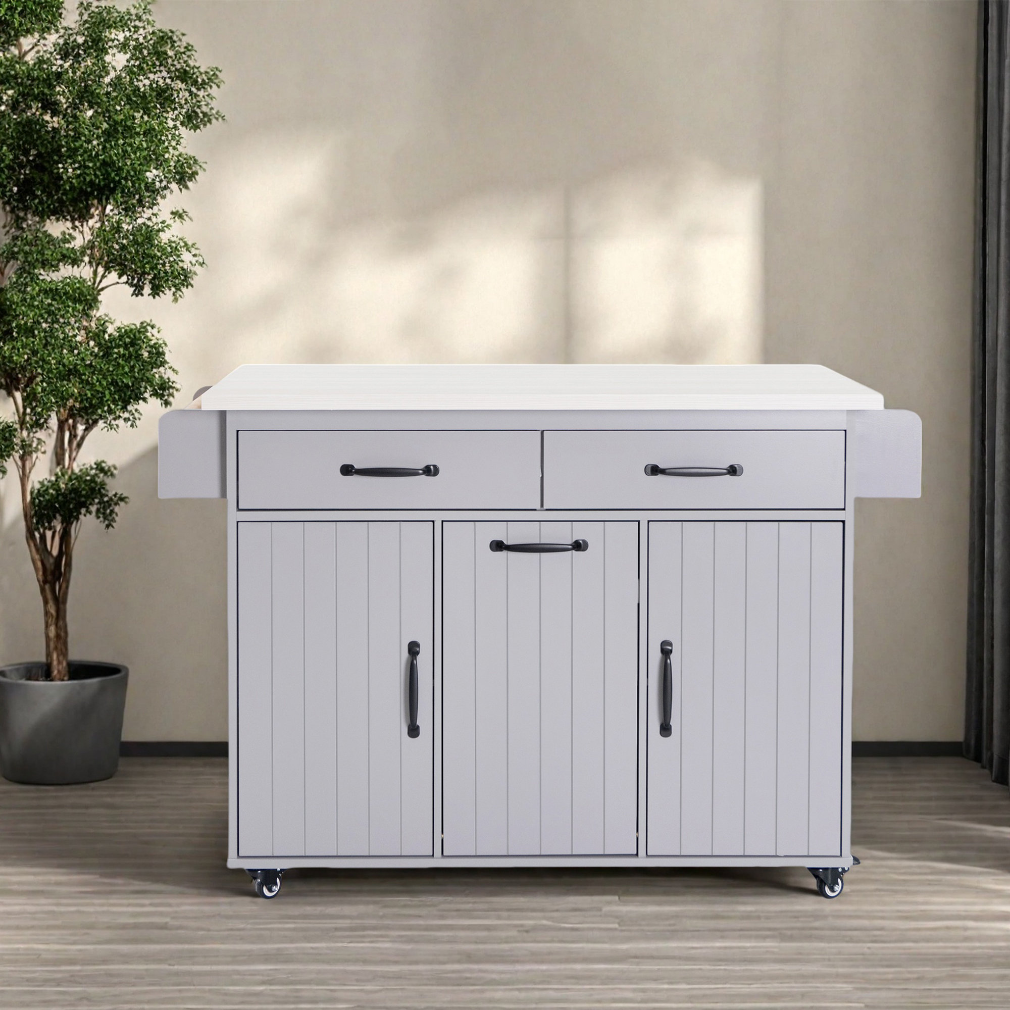 Winston Porter Rolling Kitchen Island With Trash Bin Storage, Drop Leaf ...