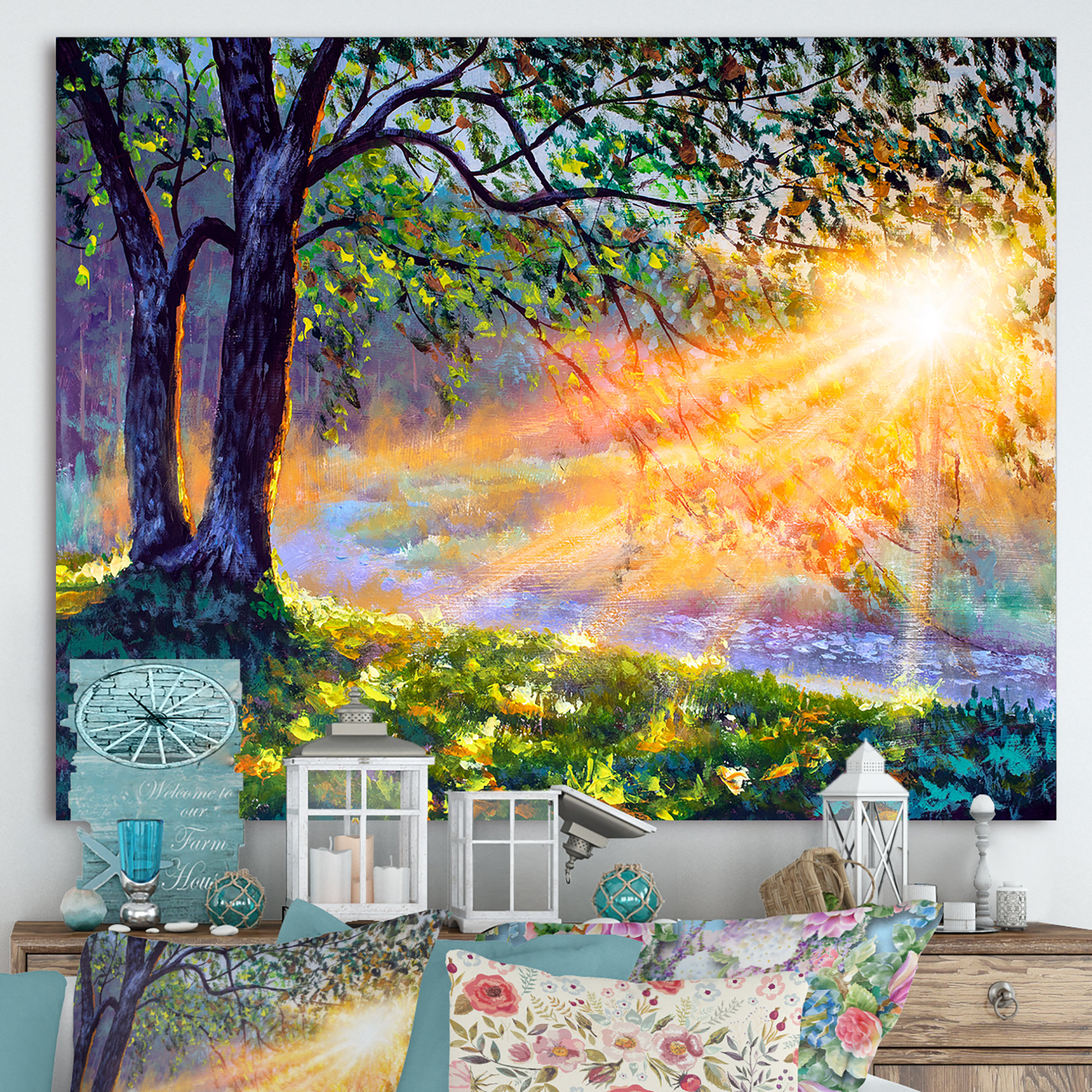 East Urban Home Dawn Sunshine Light by the River - Painting Print on ...