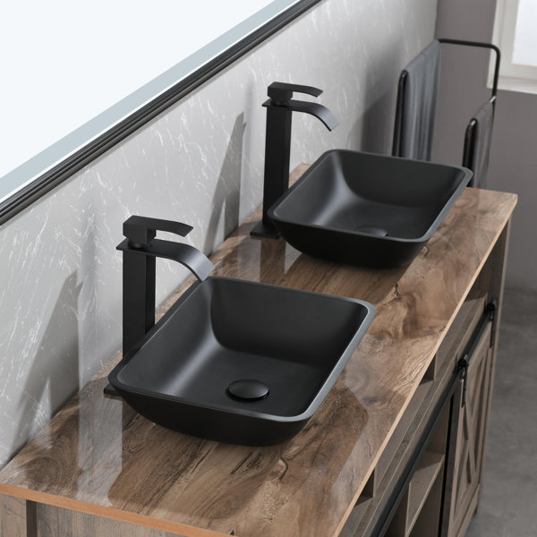 Healthomse 11.81'' Black Glass Rectangular Bathroom Sink with Faucet ...