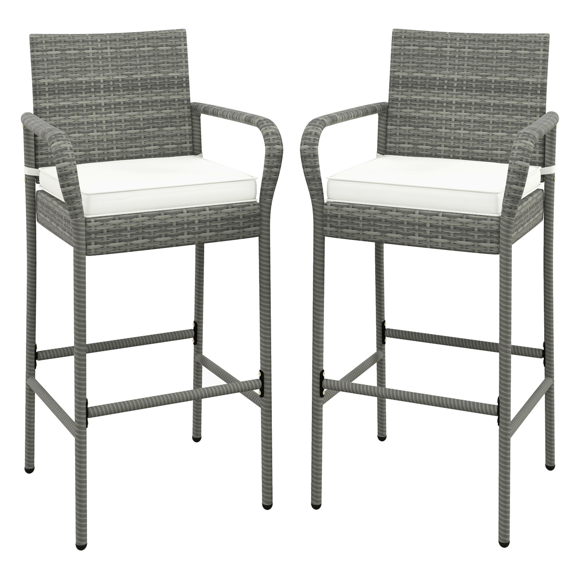 Ebern Designs Knittle Wicker Outdoor 30'' Bar Stool with Cushion | Wayfair