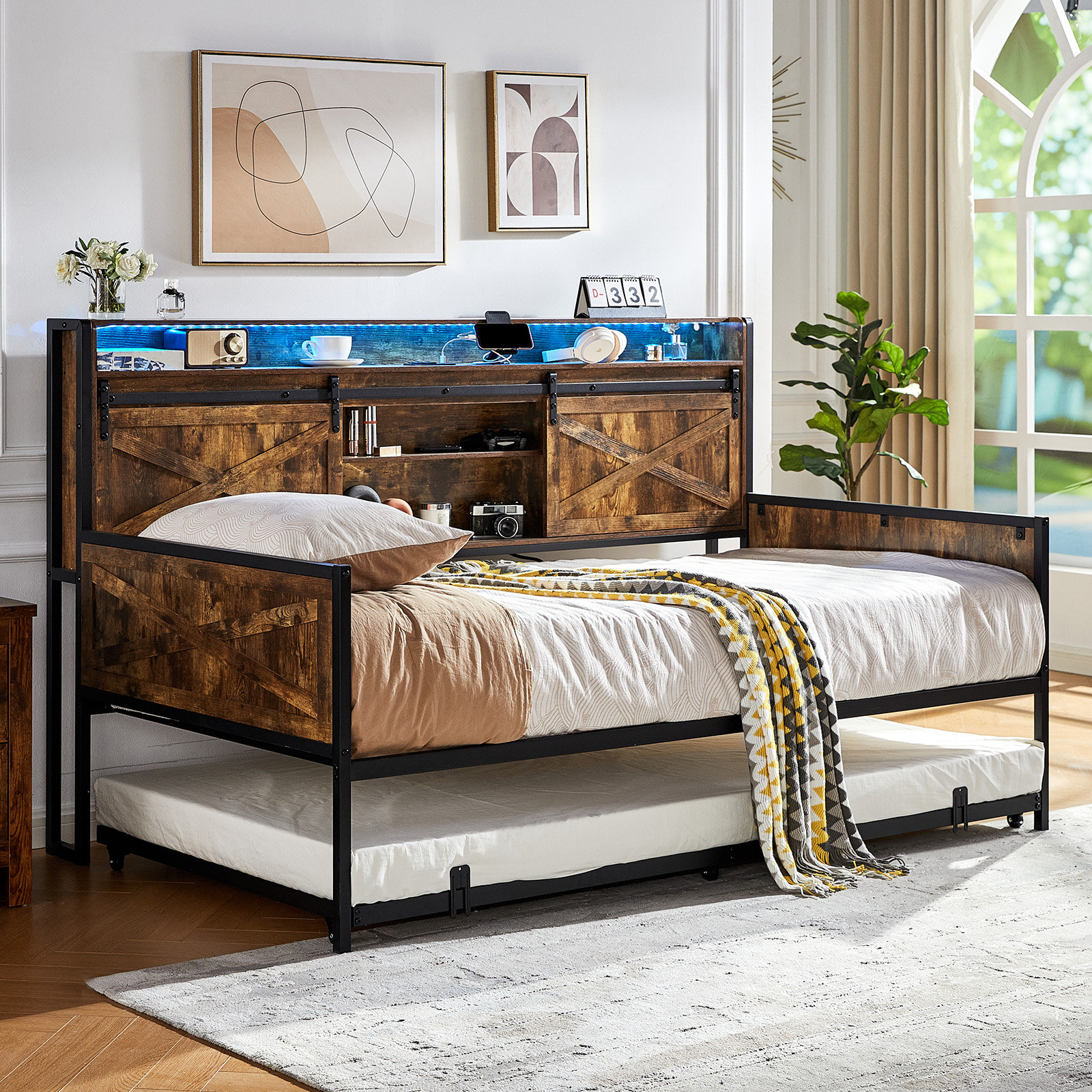 Harper Orchard Farmhouse Twin Daybed With Trundle, Sliding Barn Door ...