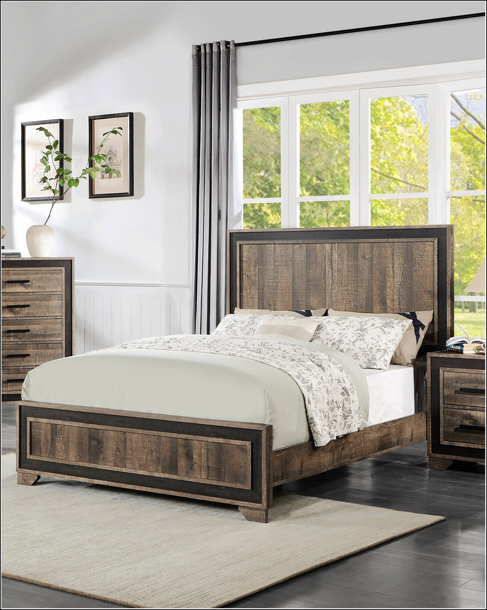 Mercer41 Oak Finish 1Pc Queen Size Bed High Headboard MDF Particle ...