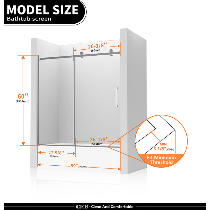 CKB 55'' - 59'' W x 60'' H Single Sliding Frameless Tub Door with Clear ...