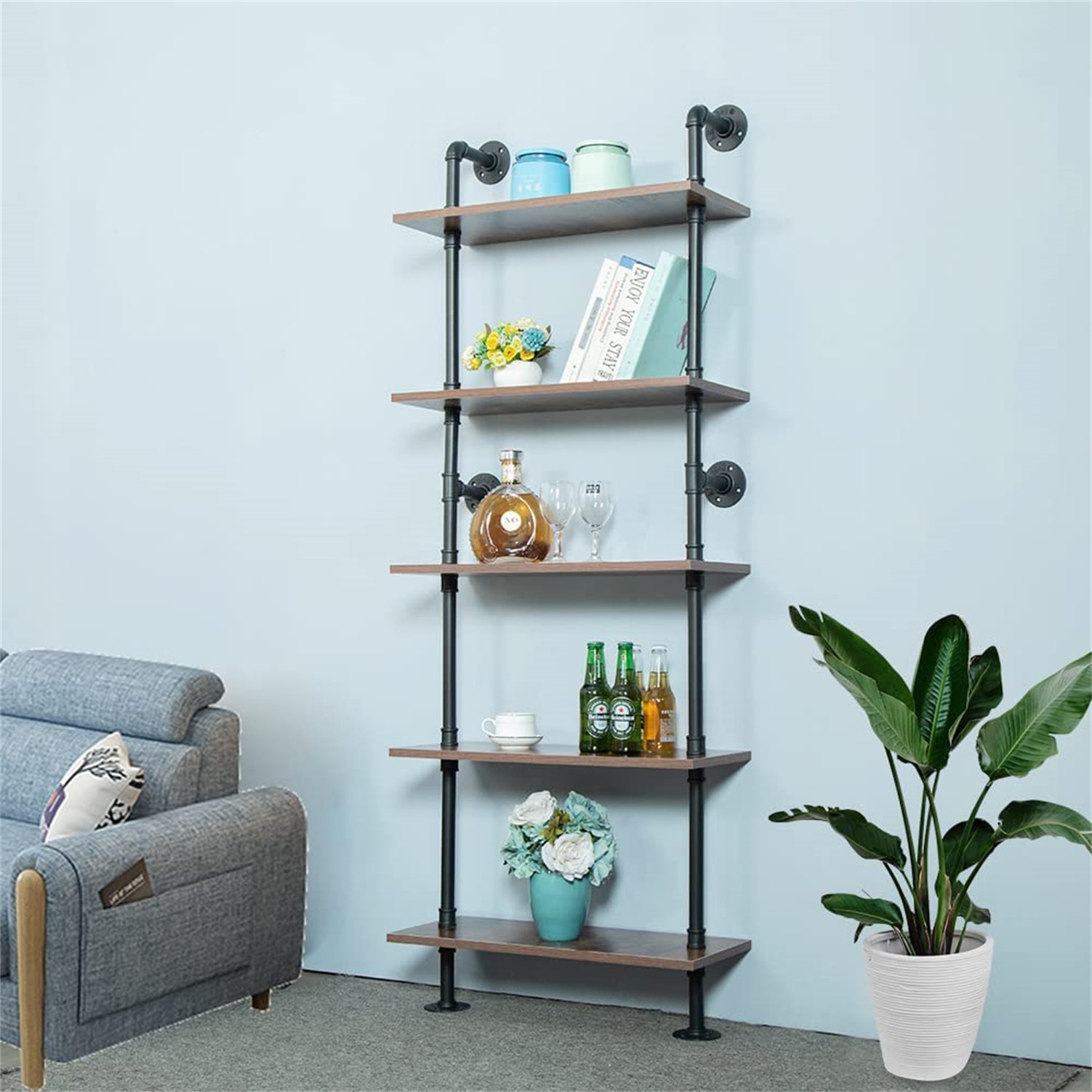 Williston Forge Elegant 5-Tier Black Wall-Mounted Pipe Shelves ...