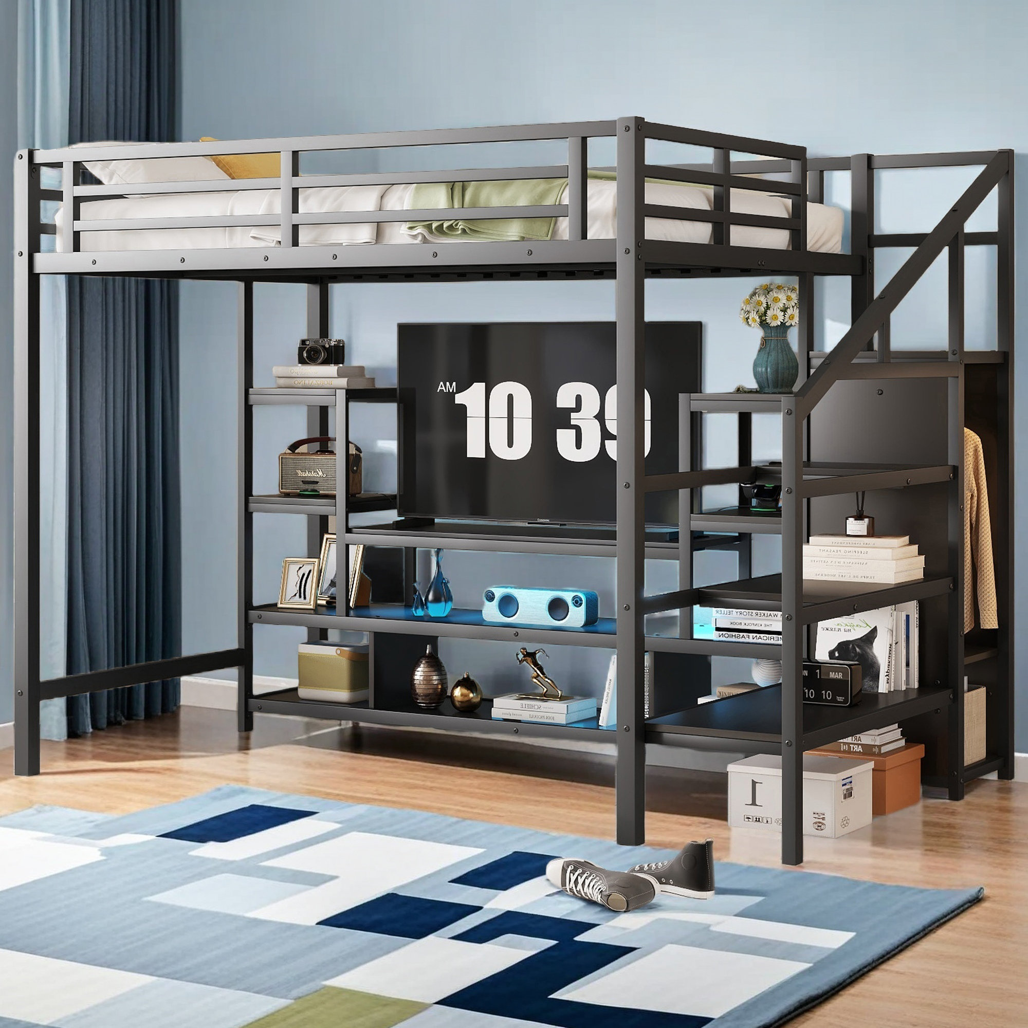 Isabelle & Max™ Full Size Metal Loft Bed With TV Cabinet, Metal Loft ...