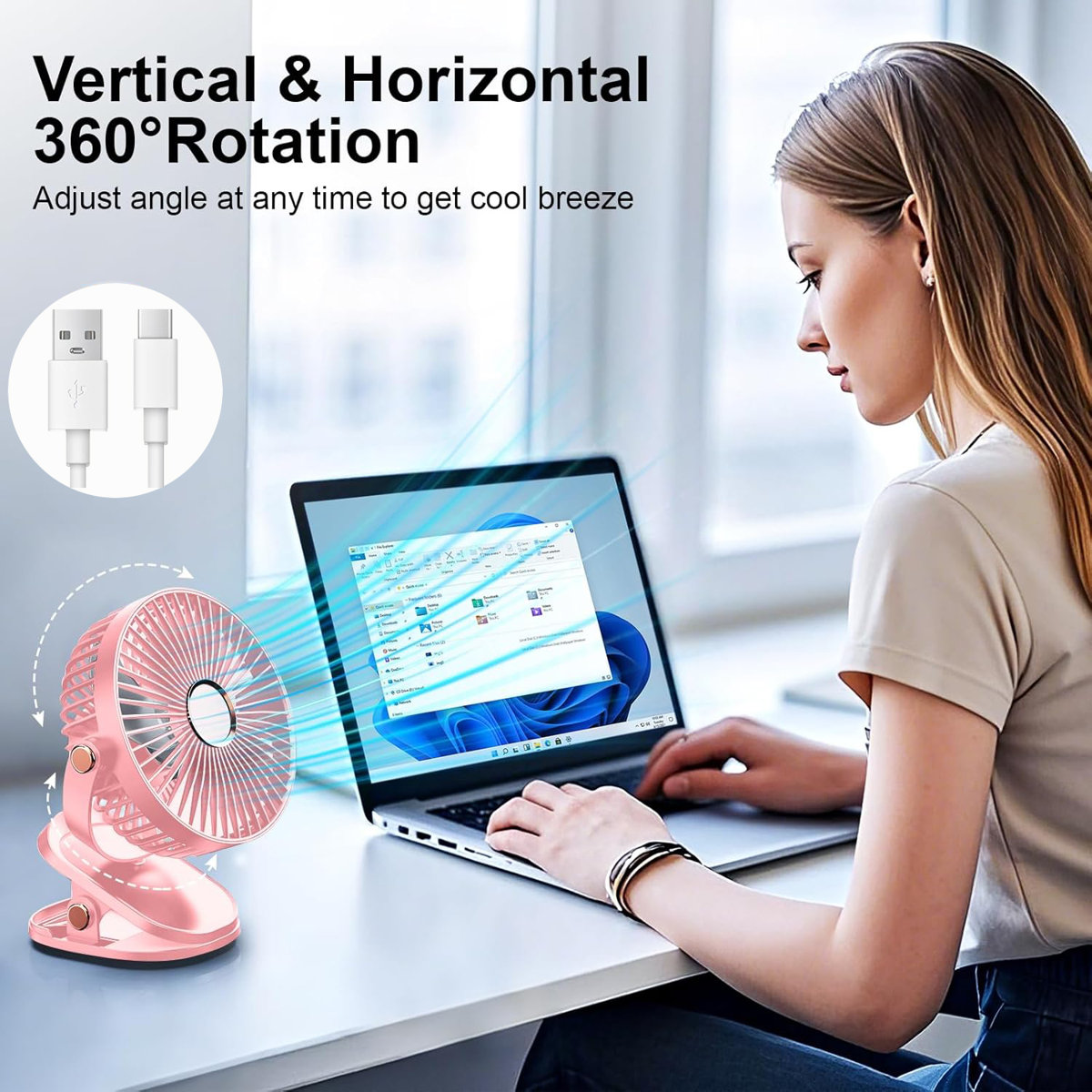 Panarciss Desk Fan Clip On With Lights USB Rechargeable 5 Level Speed ...