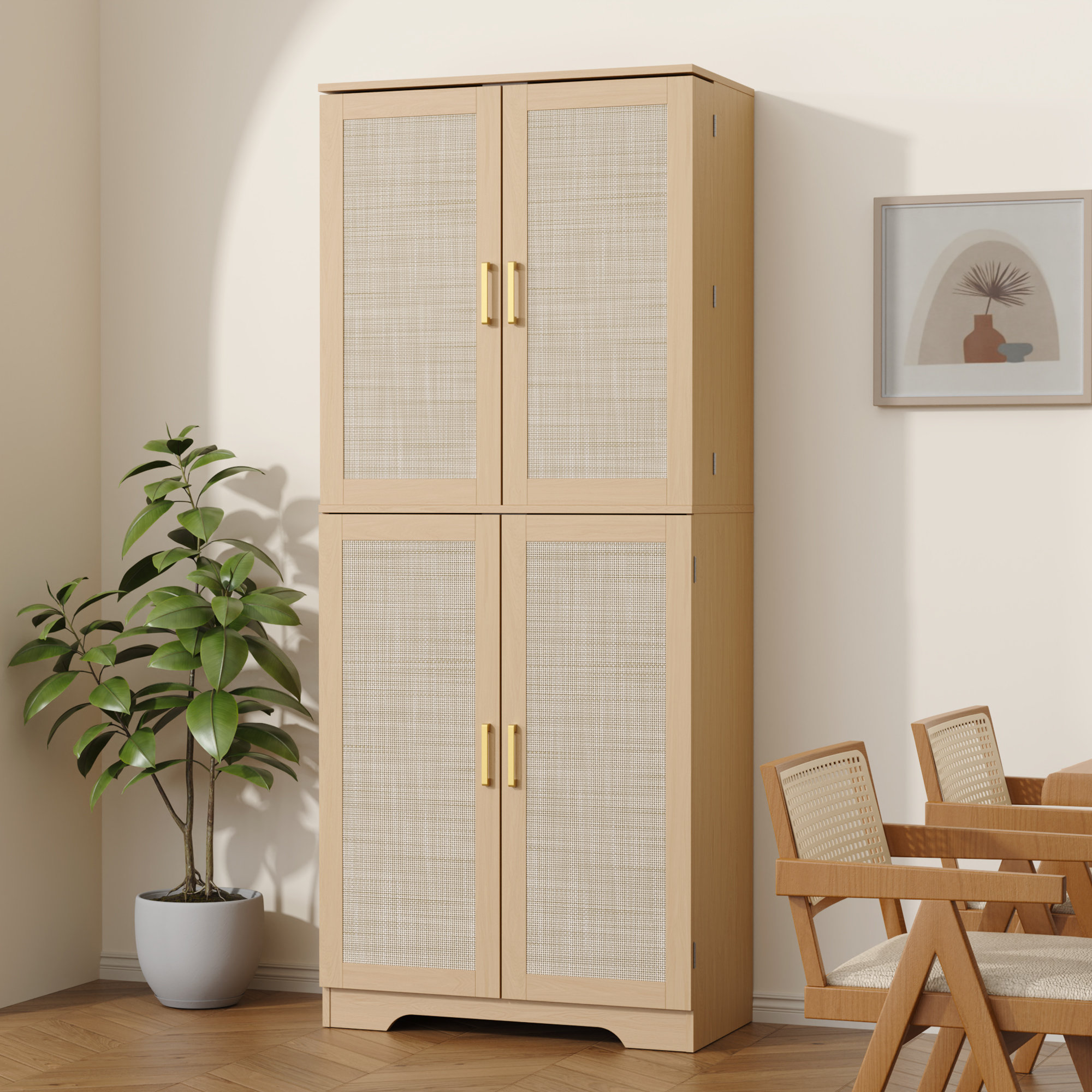 George Oliver Rattan 72" Tall Kitchen Pantry Cabinet With 4 Doors, Boho ...