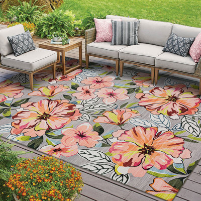 DECOMALL Floral Colorful Design Outdoor Rug Pink/Green/Yellow/Ivory ...