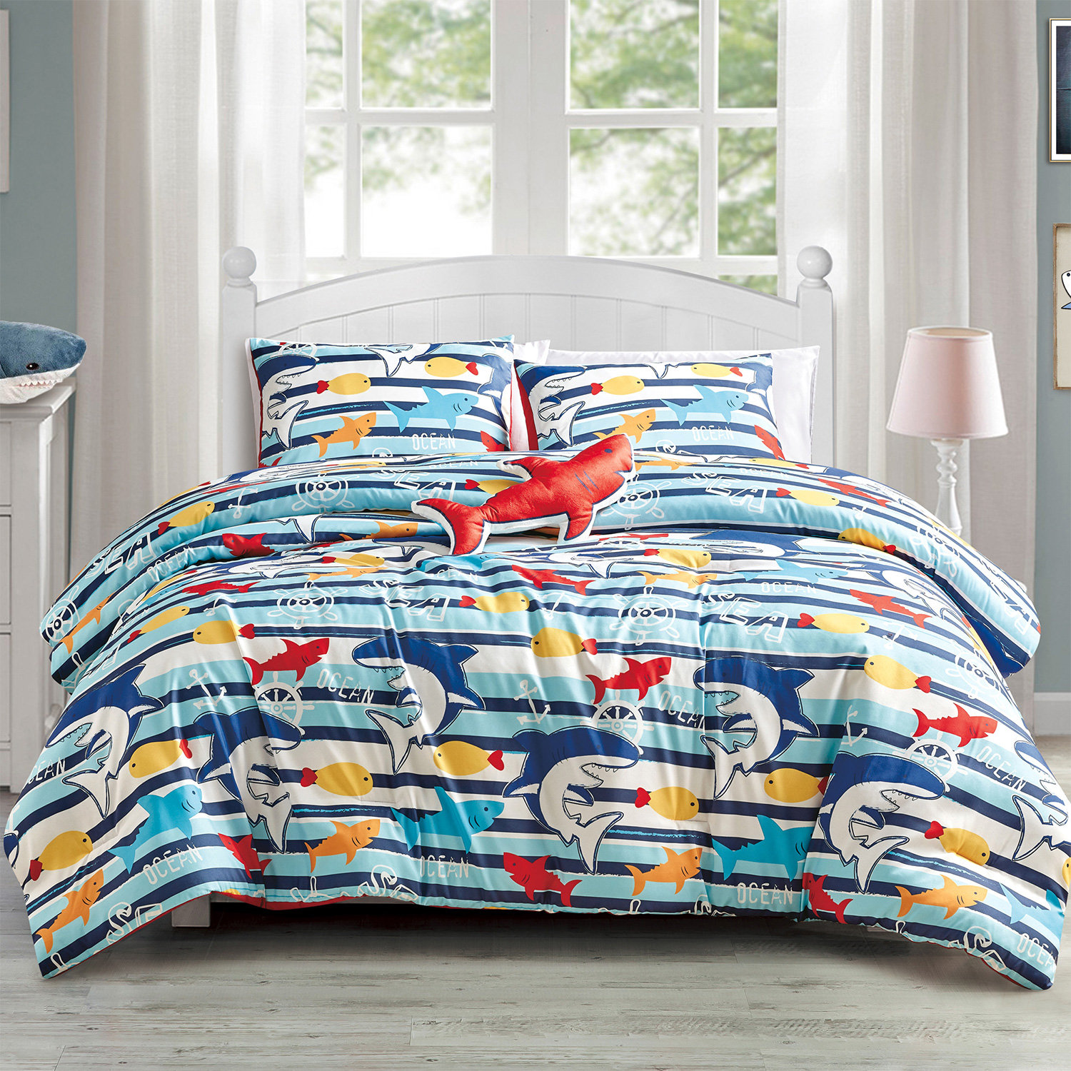 Home Mart Goods Blue Sharks Fish Sea Life Kids Comforter Set Embroidery ...