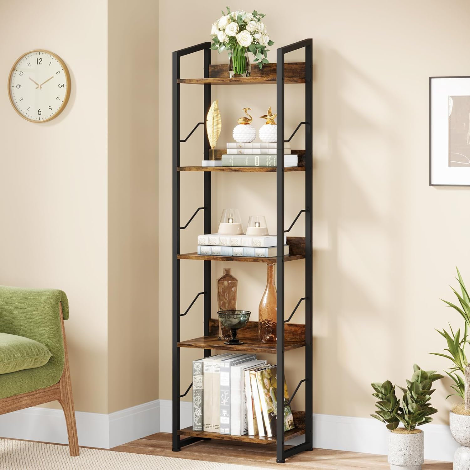 17 Stories 5 Tier Narrow Bookshelf Tall Bookcase With Edge Protection ...