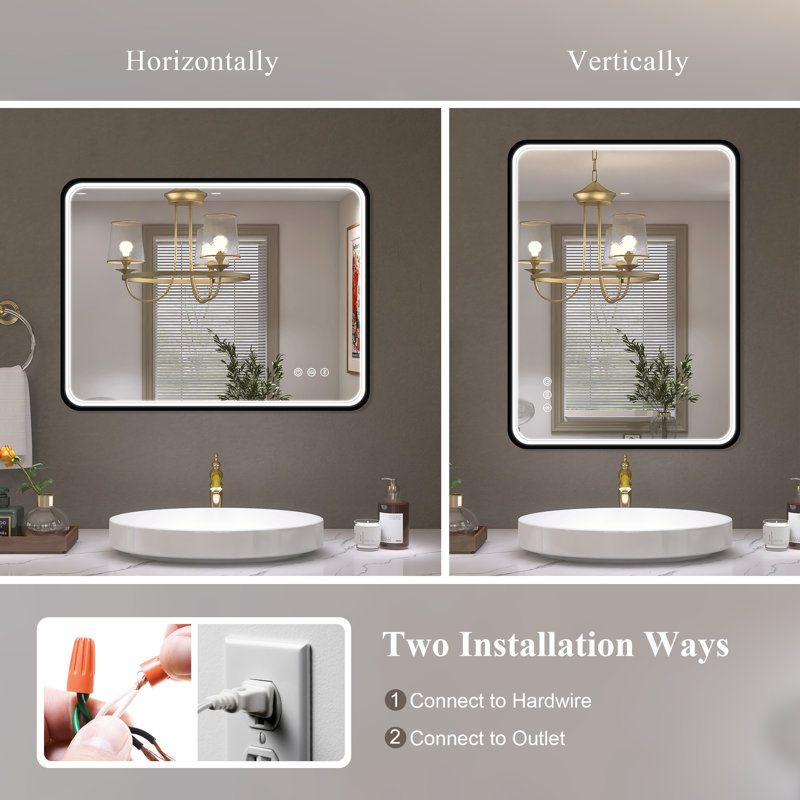 Latitude Run® Sleek Black Framed LED Bathroom Mirror Dimmable Lighting ...