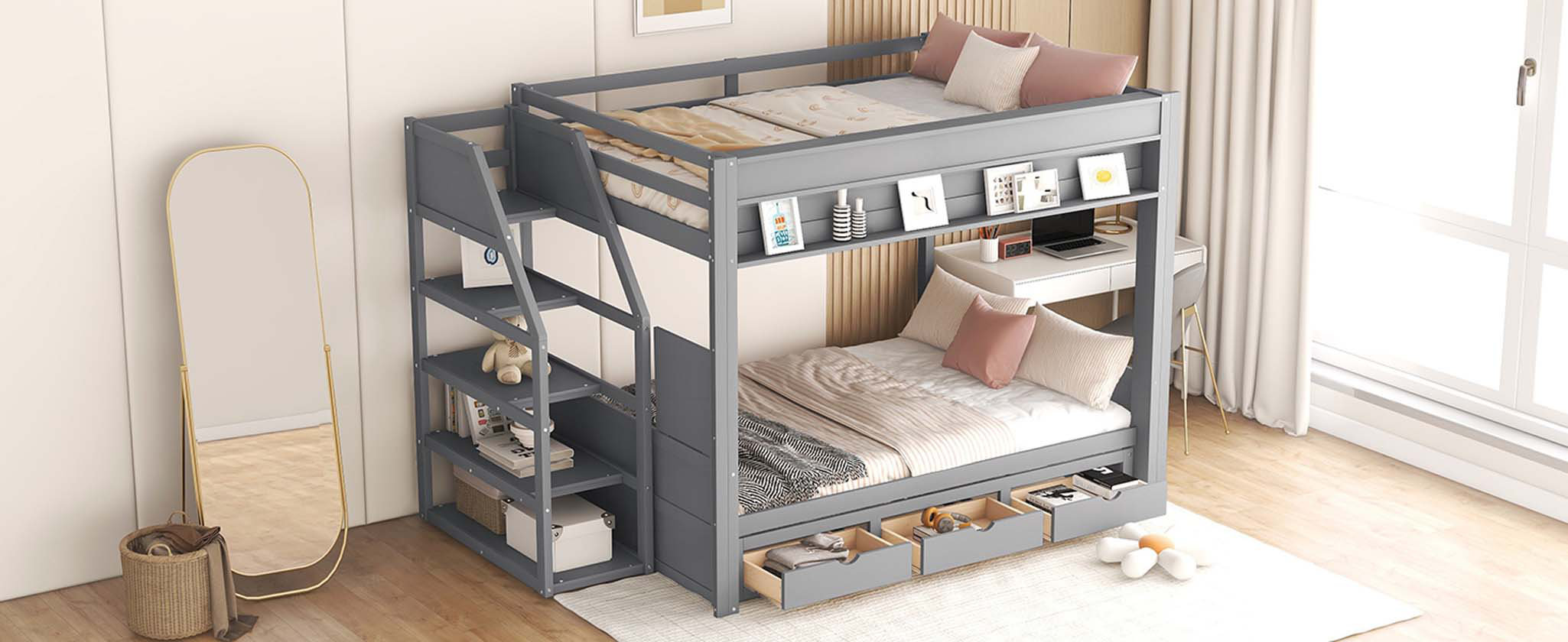 Harriet Bee Wood Full Size Convertible Bunk Bed with Storage Staircase ...