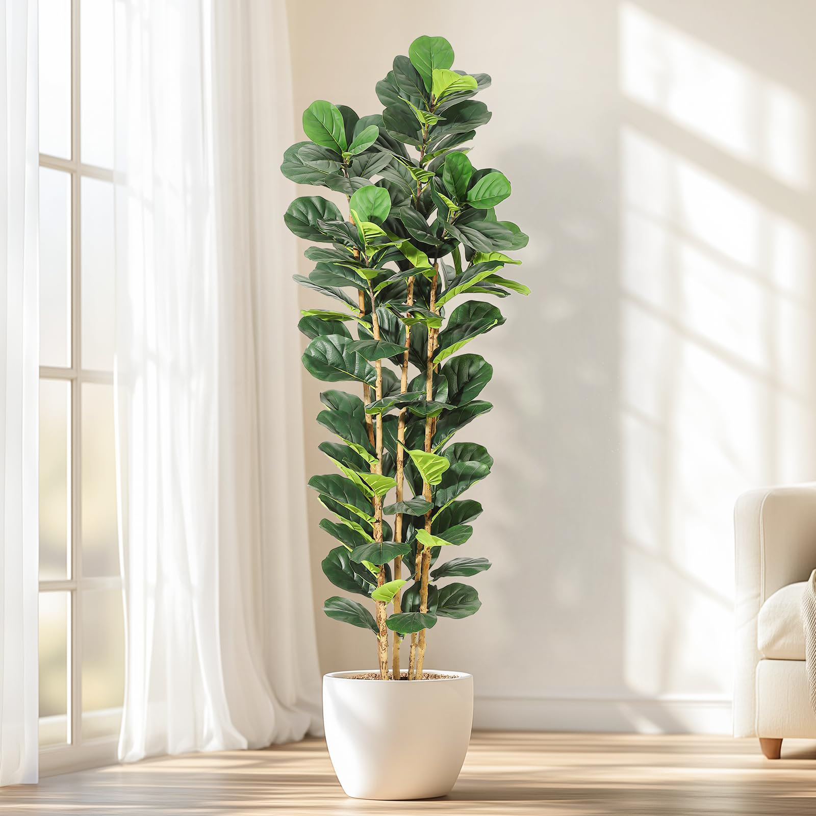 Yuan Home Faux Fiddle Leaf Fig Tree With White Tall Planter, Faux Trees ...