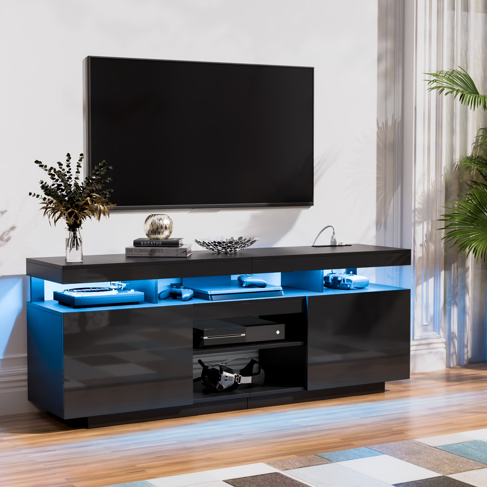 Wade Logan Braderick 63.78'' Media Console with Outlet and RGB LED ...