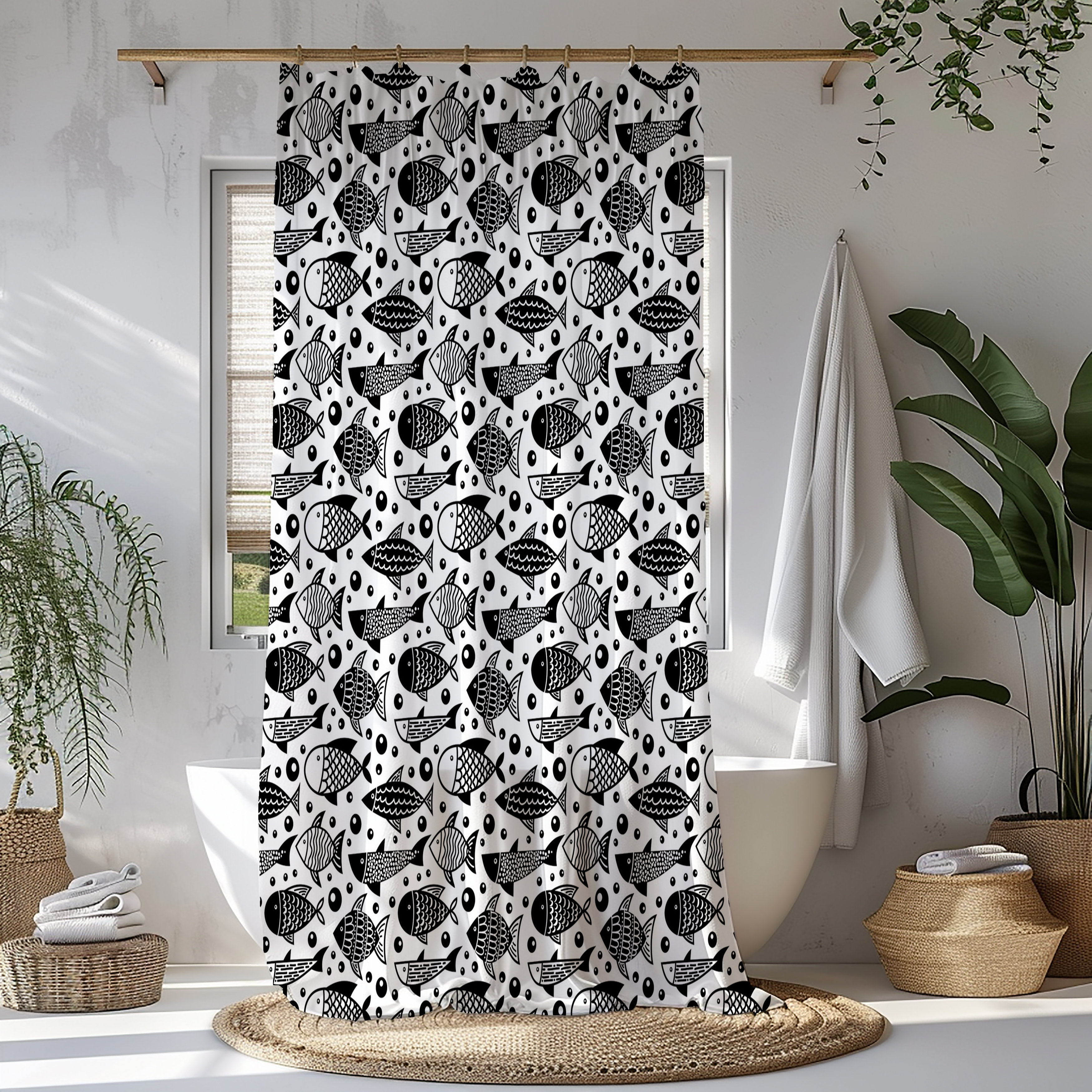 East Urban Home Black And White Fish Pattern Shower Curtain | Wayfair
