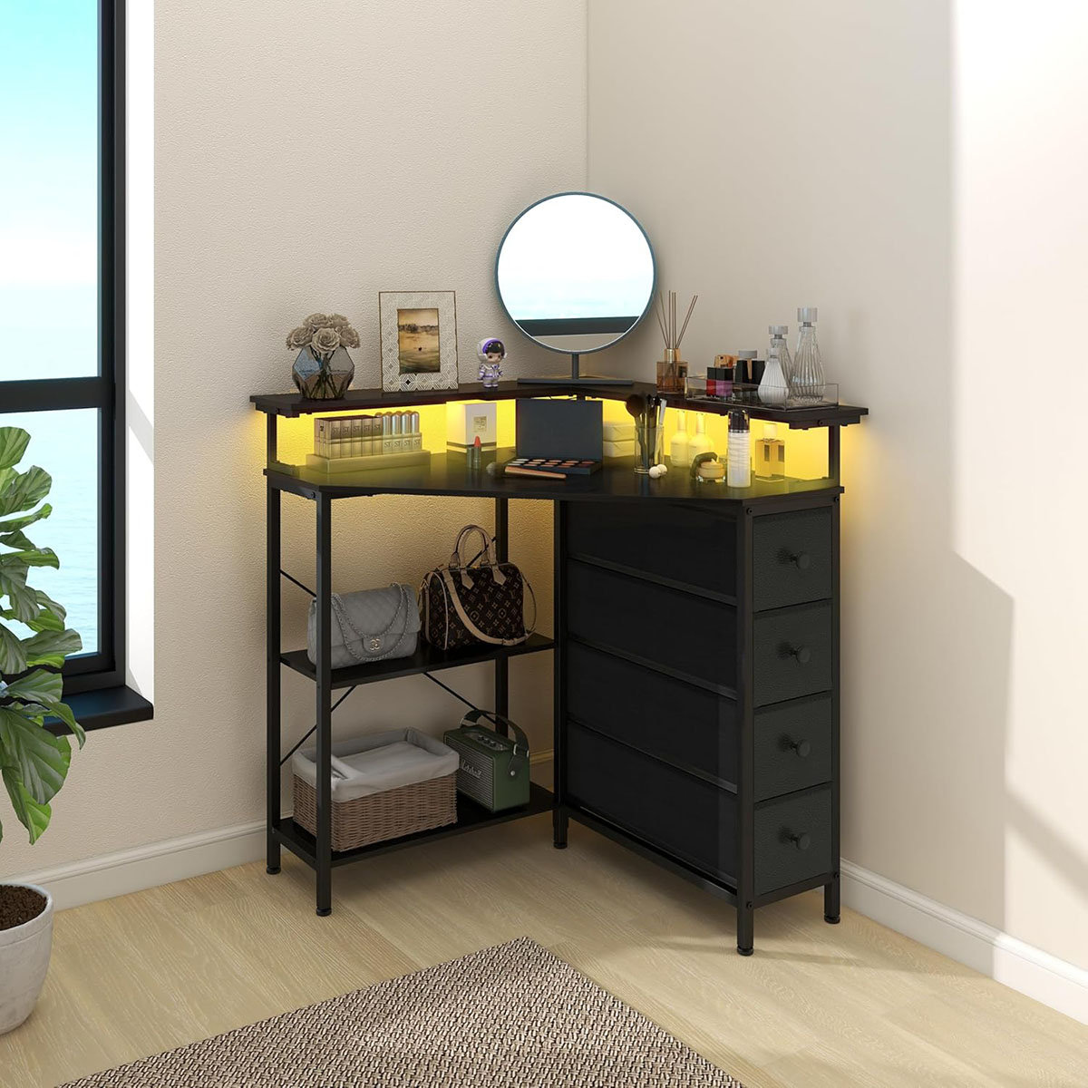 Inbox Zero Corner Desk With Drawers Shelves For Small Space 90 Degrees ...