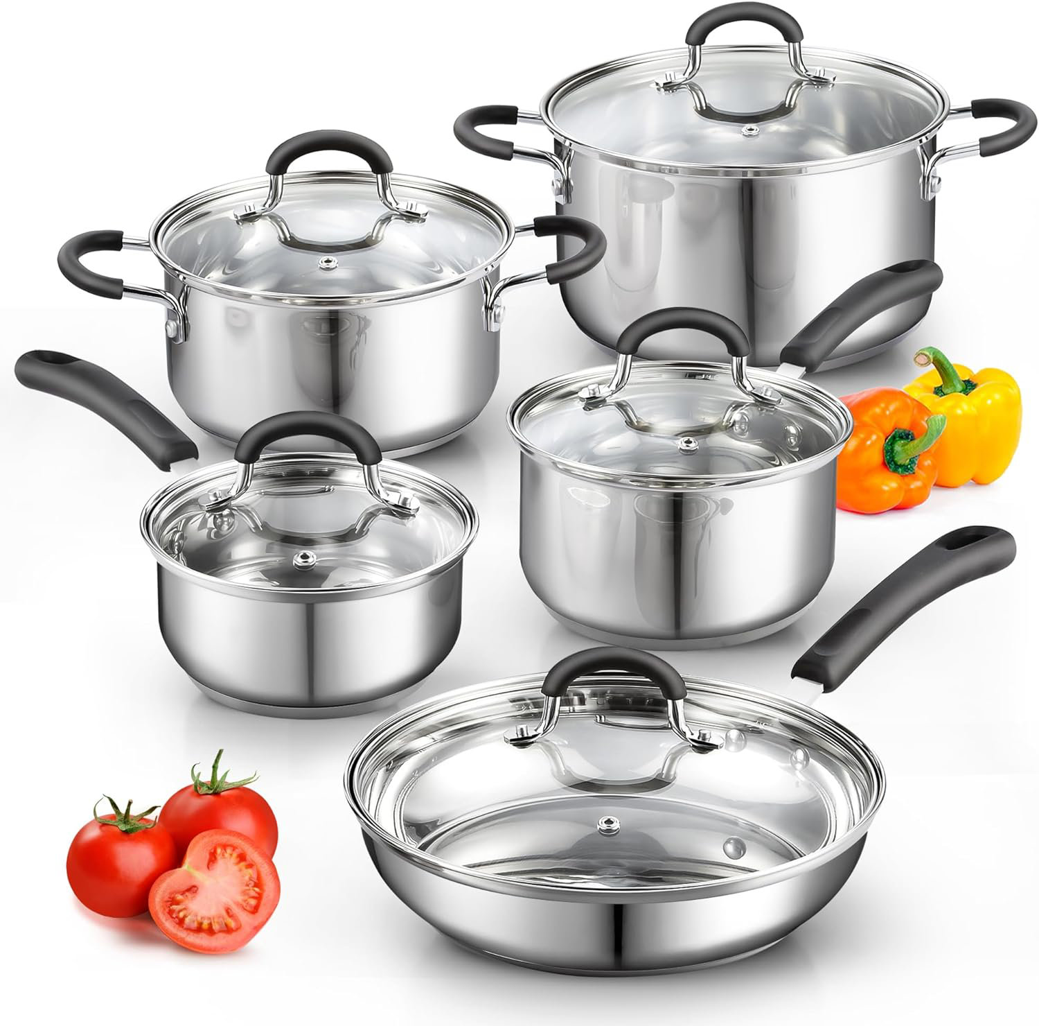 Cook N Home 10-Piece Stainless Steel Pots and Pans Kitchen Cookware Set ...