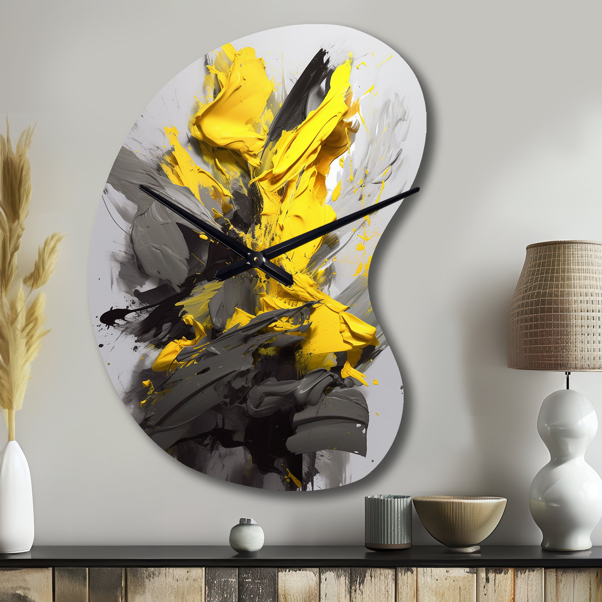 Design Art Yellow Grey Vibrant Swirls I - Boom Shape Yellow Wall Clock ...