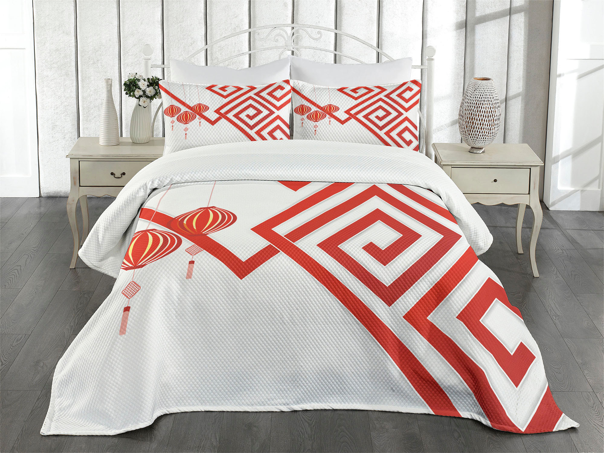 Ambesonne Oriental Bedspread Set Chinese Abstract Artwork White Red ...