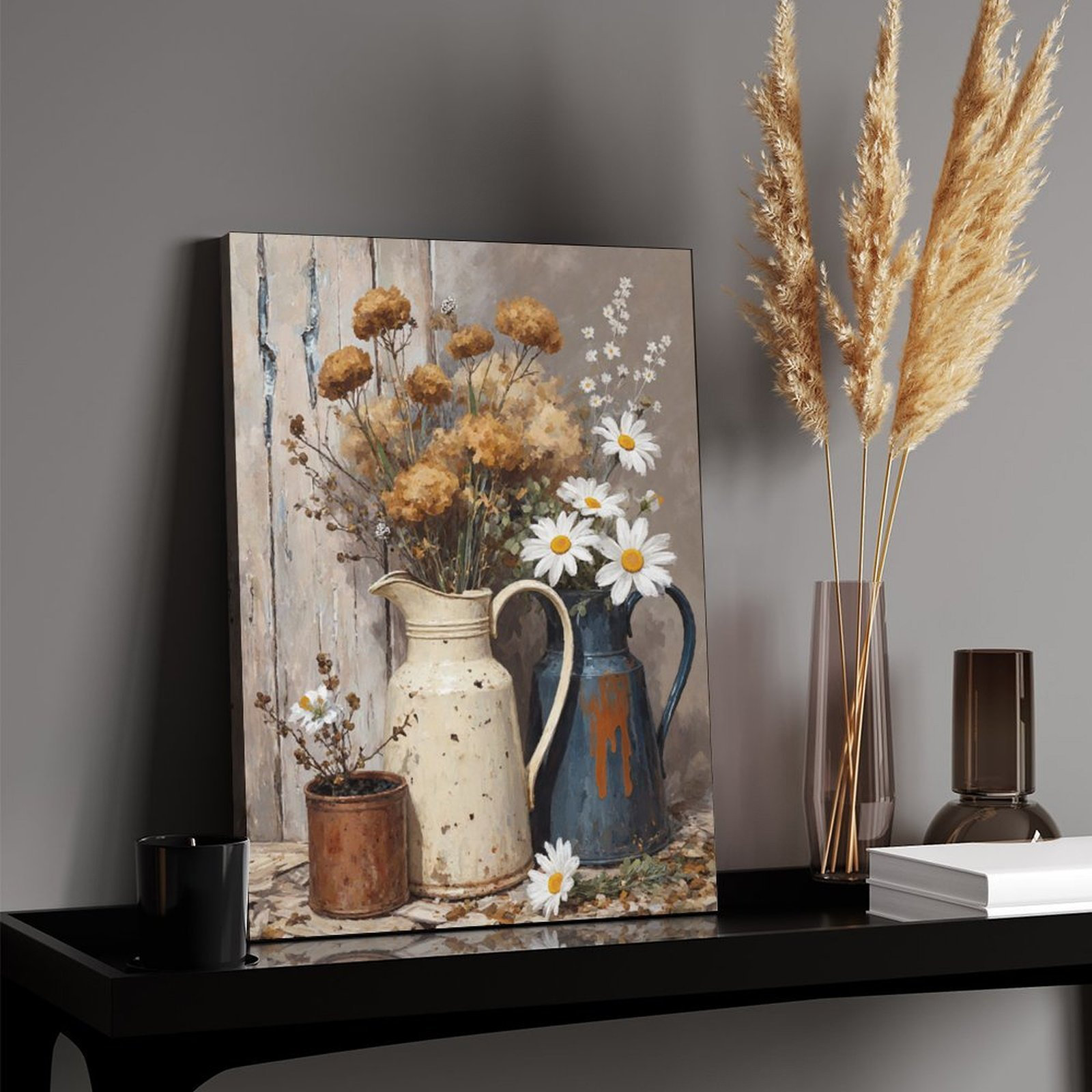 August Grove® Rustic Floral Pitchers, 16 X 20 Inch, Inset Wooden Frame ...