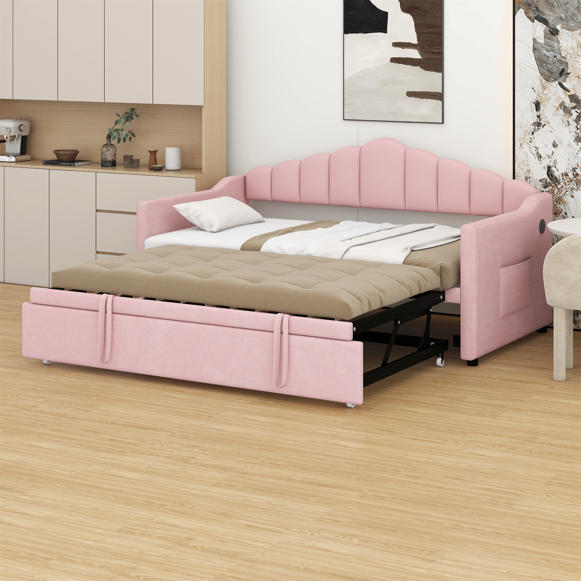 Latitude Run® Upholstered Daybed With Adjustable Height Pop Up Trundle ...