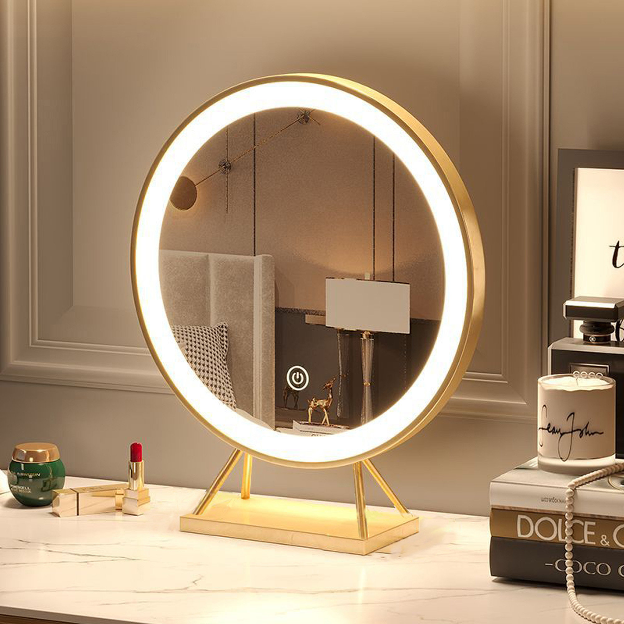 Mercer41 Round Makeup Mirrors 3 Color Adjustable LED Lighted Gold Metal ...