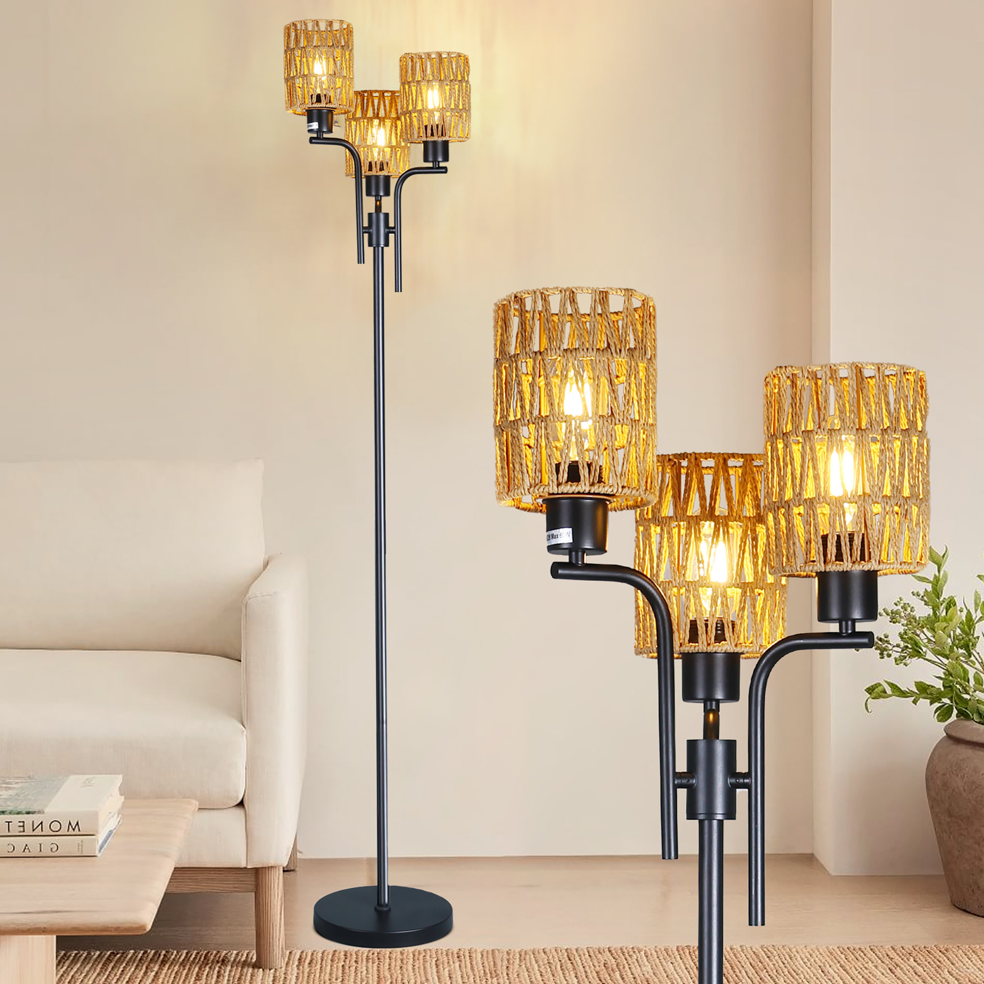 Bay Isle Home™ Adonus 64.96" Black Rattan Tree Floor Lamp & Reviews ...