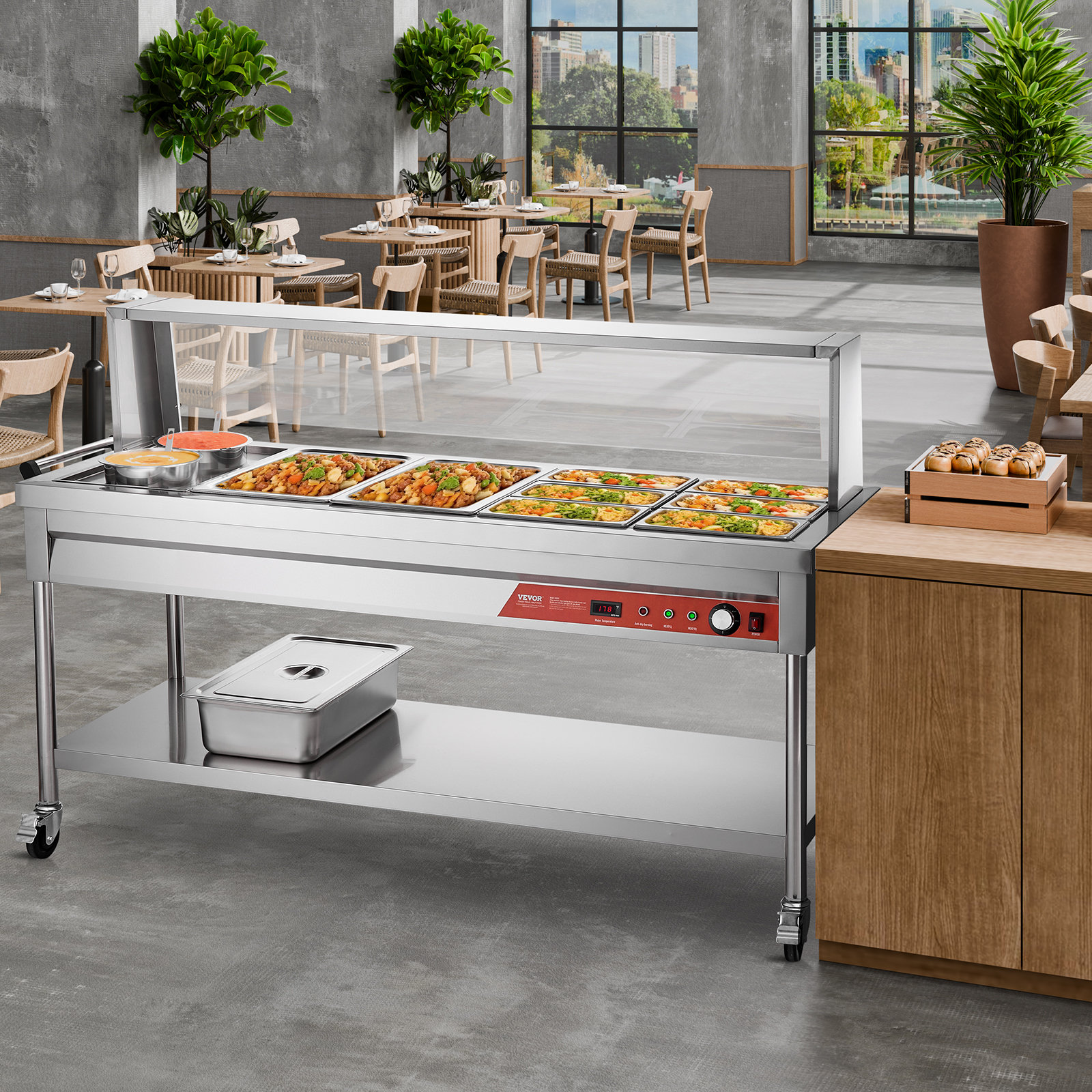 The Party Aisle™ 8 Pans + 2 Pots Commercial Food Warmer Steam Table with Undershelf Shield ...