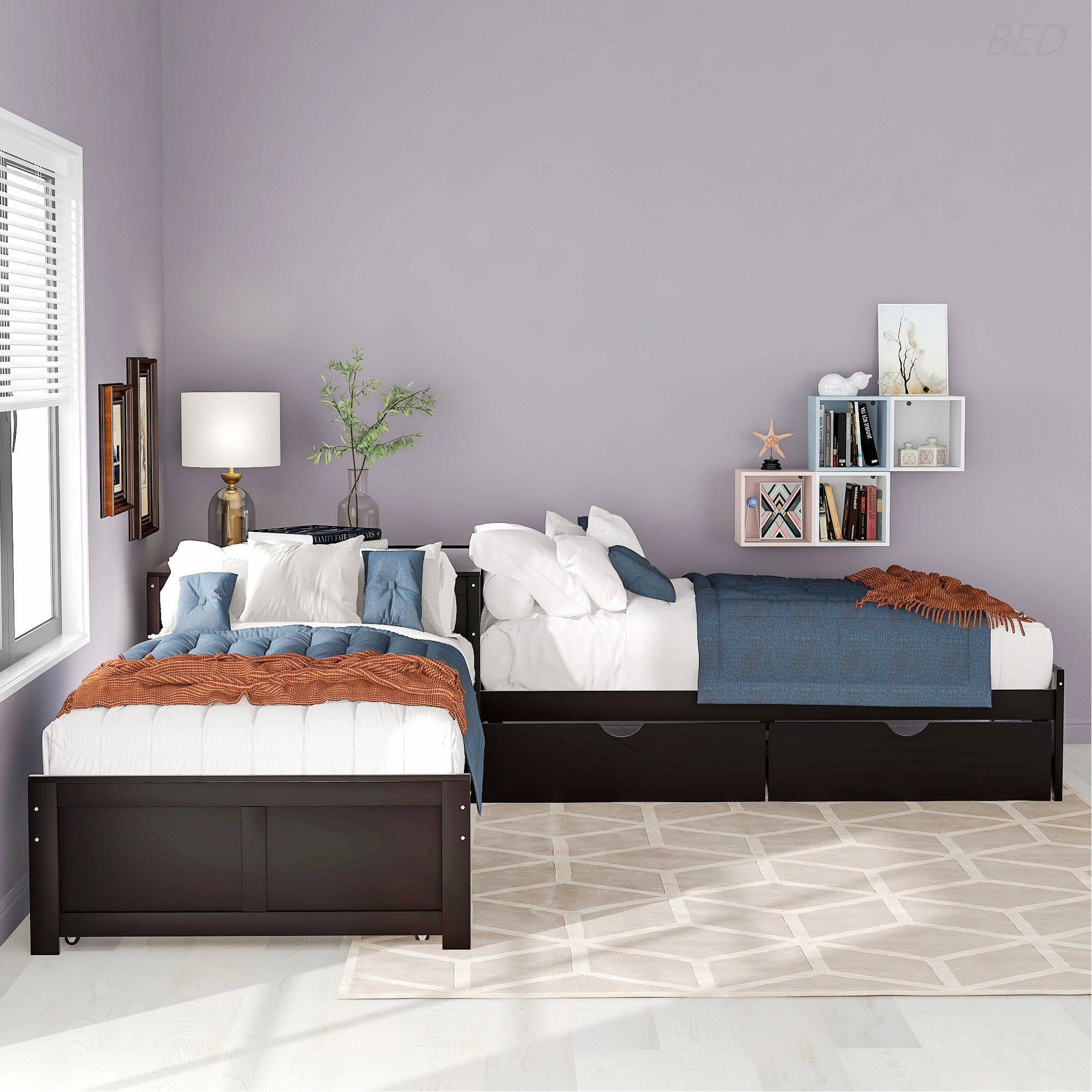 Lark Manor™ Elegant L-shaped Platform Bed with Trundle and Drawers ...
