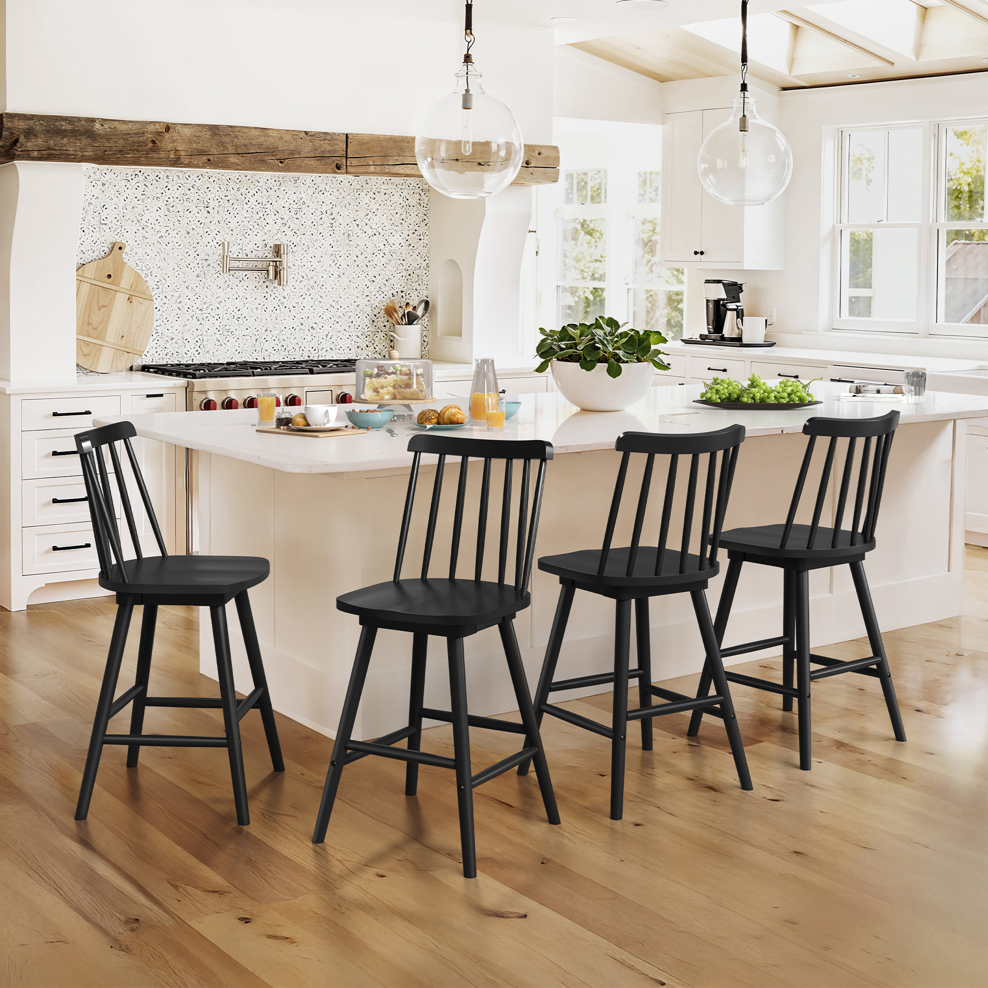 Gracie Oaks Windsor Back Swivel Solid Wood Counter Stool(Set Of 4 ...