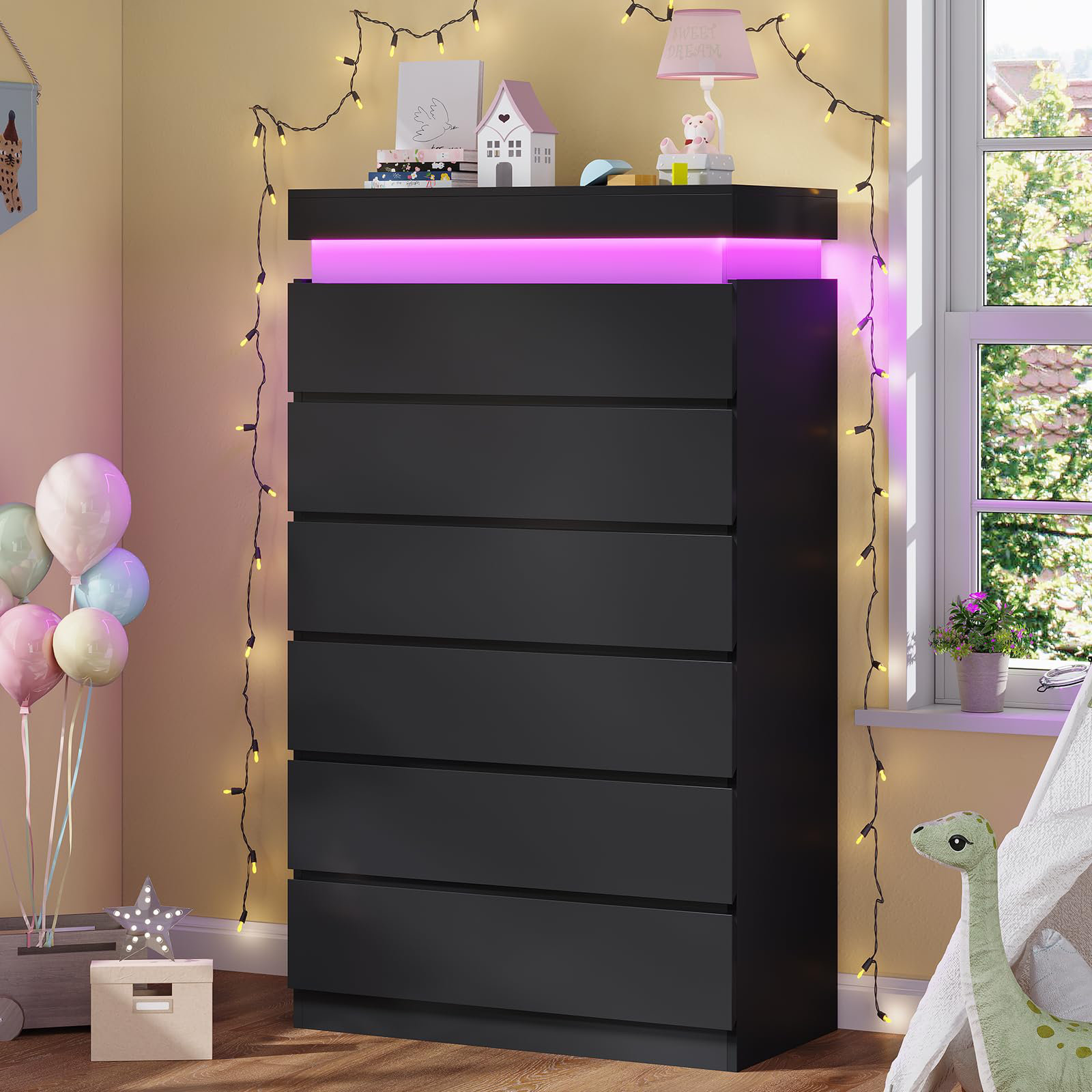 Wrought Studio™ Tall 6 Drawer Dresser With Led Light, Modern Chest Of ...
