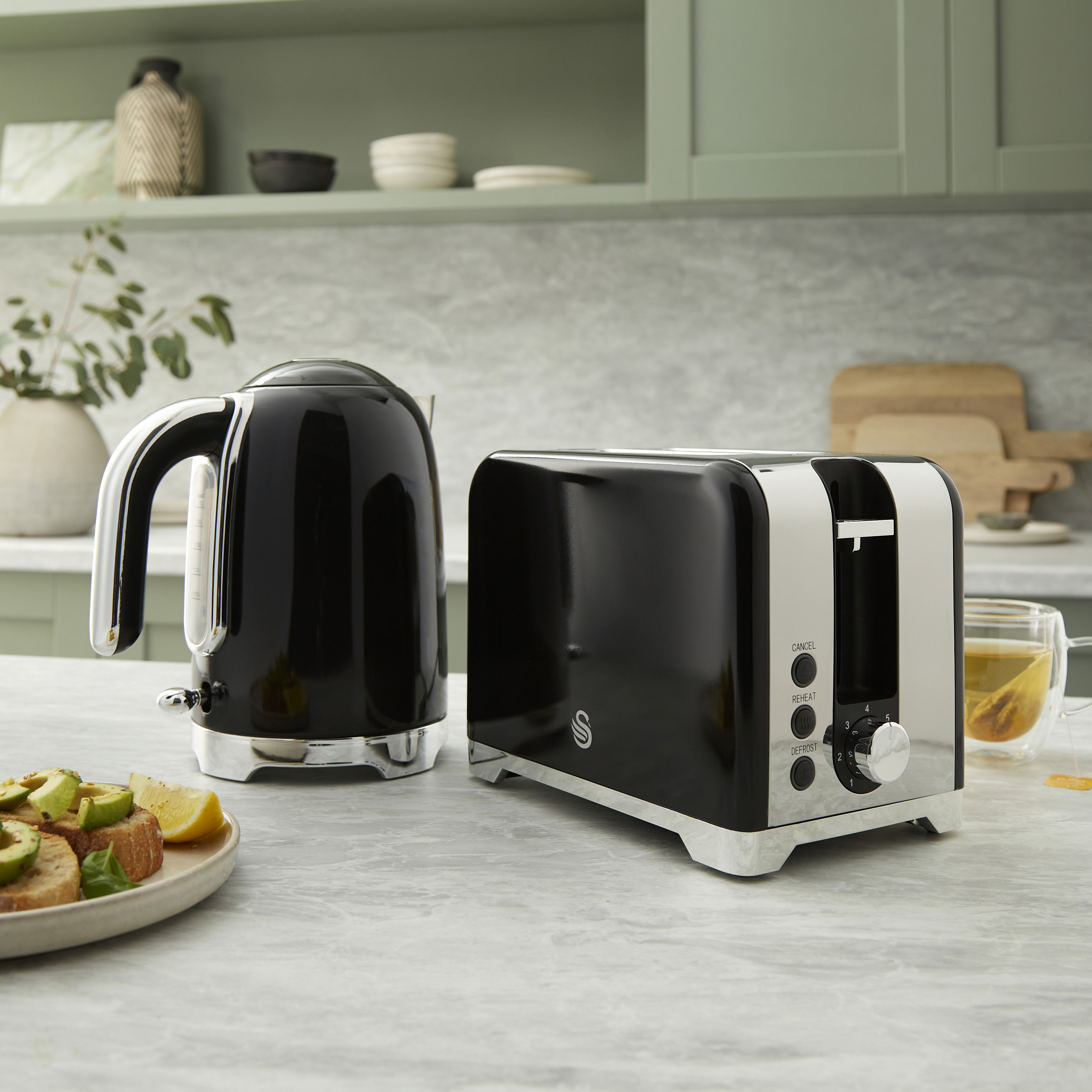 Swan Solace Kitchen Set, 1.7L Kettle, 930W 2 Slice Toaster, SK19026BLK ...
