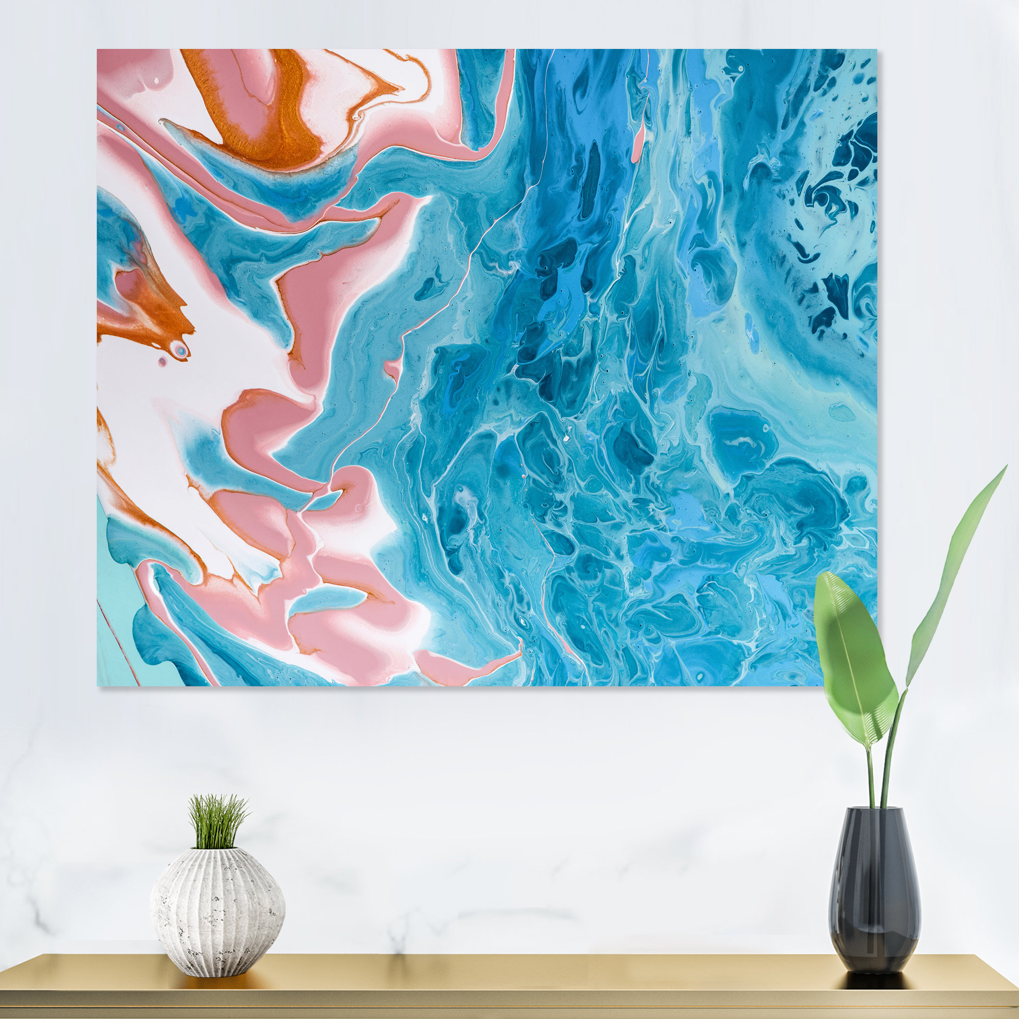 East Urban Home Turquoise and Pink Marble Universe - Painting on Canvas ...