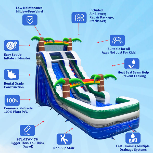 GOOSH 16' x 26' Tropical Palm Tree Inflatable Water Slide with Air ...